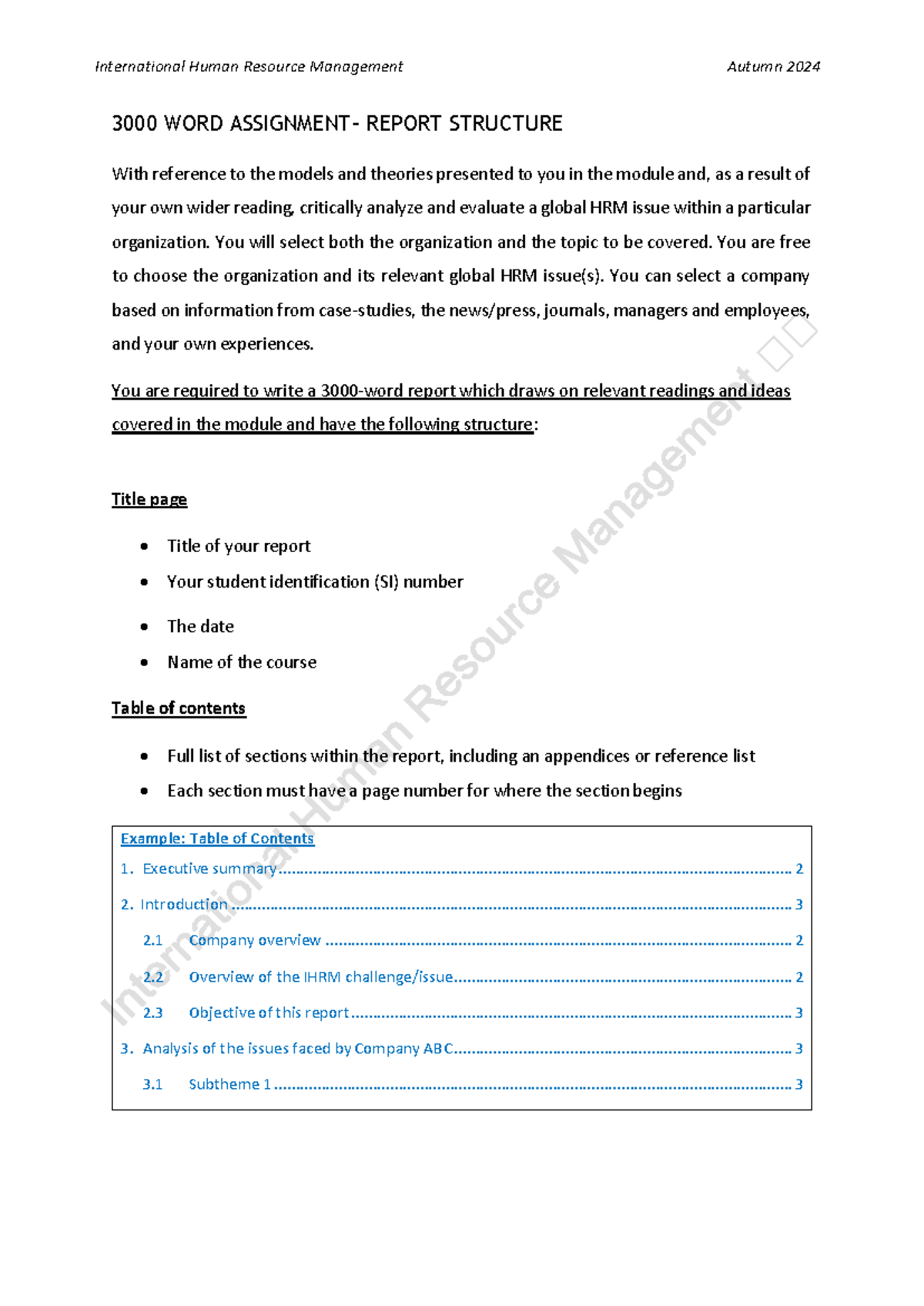 1. Report structure IHRM - 3000 WORD ASSIGNMENT– REPORT STRUCTURE With ...