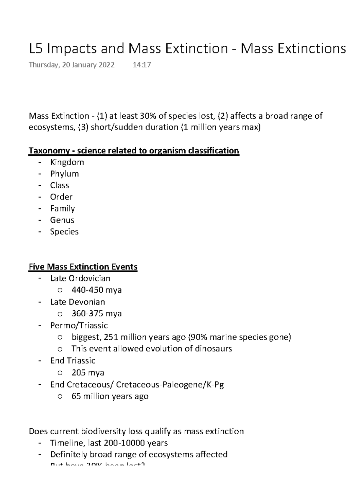 L5 - Lecture 5 detailed notes - Mass Extinction - (1) at least 30% of ...