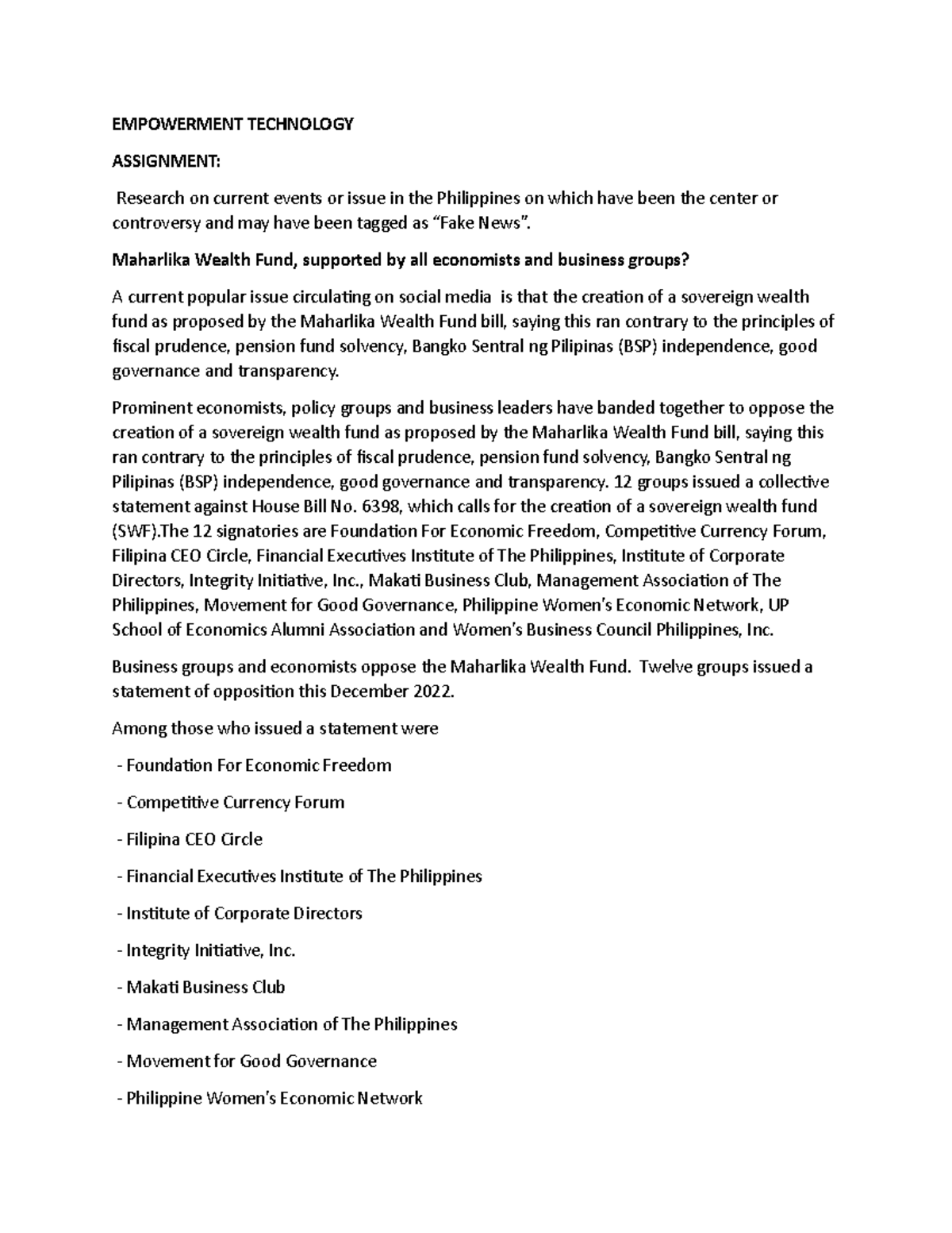 Brent emtech - Assignment - EMPOWERMENT TECHNOLOGY ASSIGNMENT: Research on current events or ...