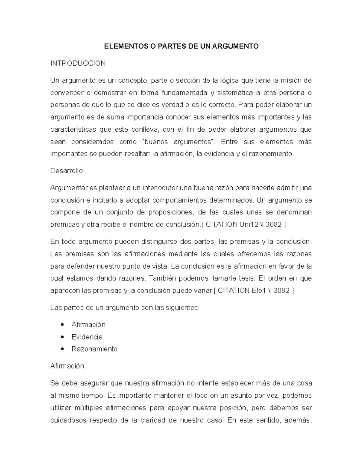 Argumentos - Nota: B+ - ELEMENTOS O PARTES DE UN ARGUMENTO INTRODUCCION ...