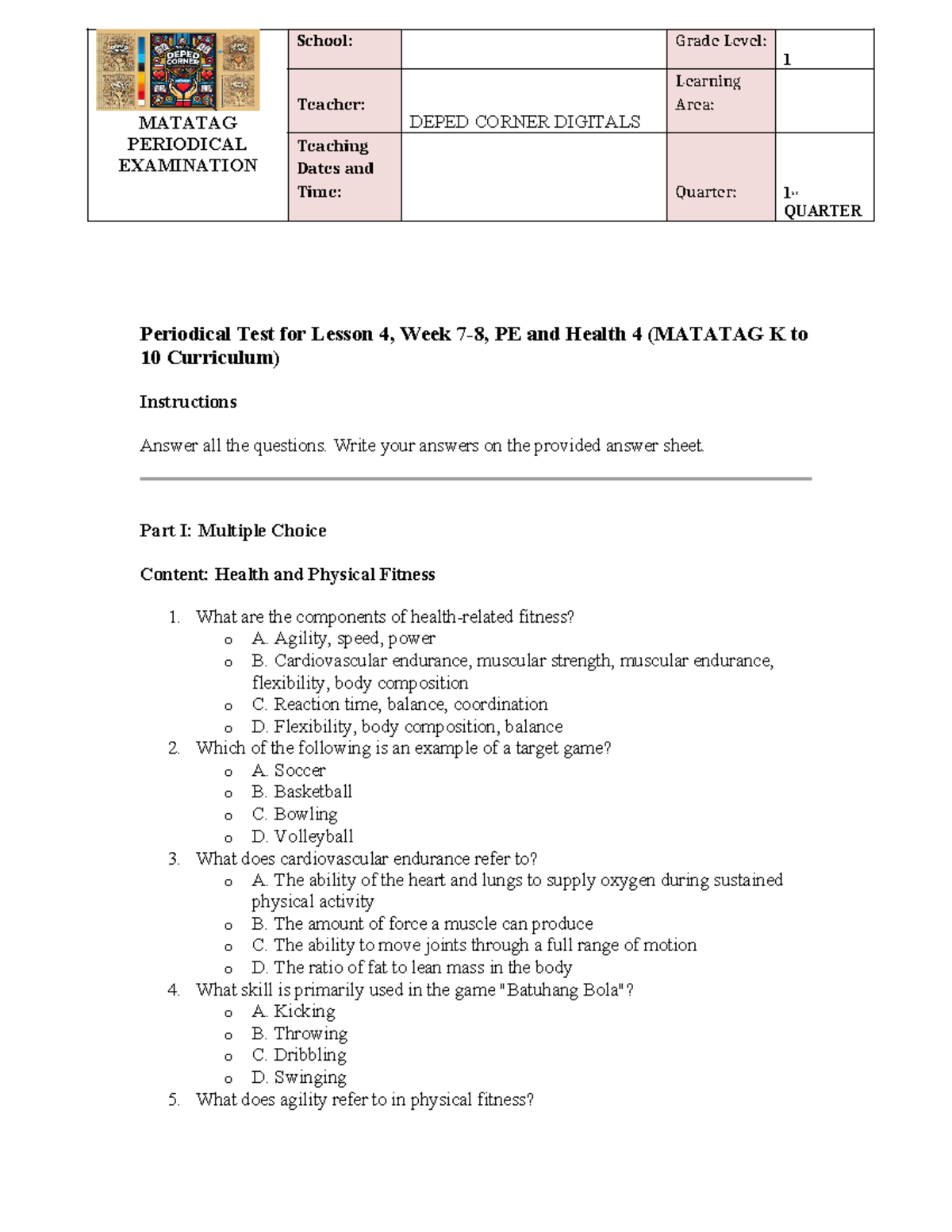 PT-WEEK S- Mapeh- Deped Corner Digitals - Periodical Test for Lesson 4 ...