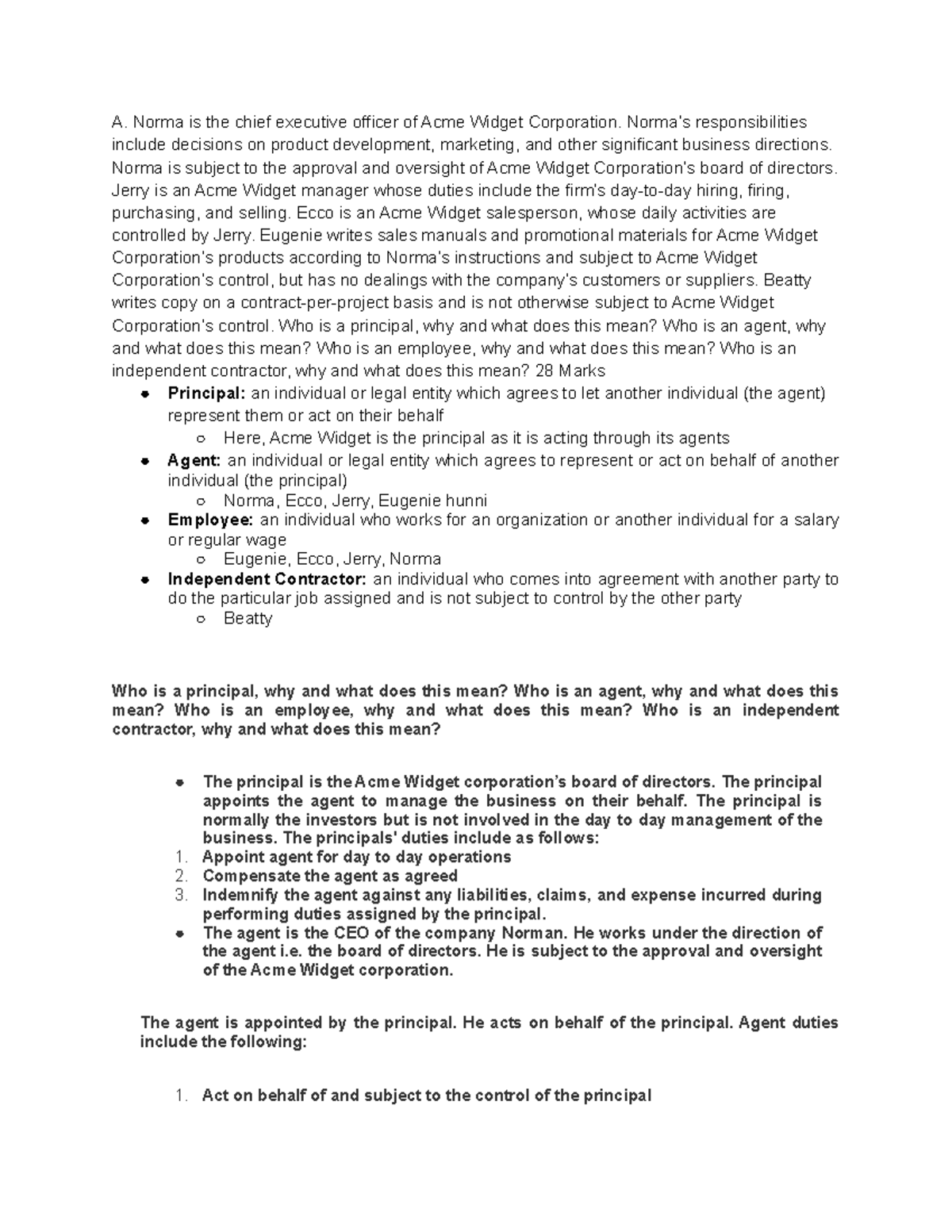 Legal Final Exam Answer - A. Norma is the chief executive officer of ...