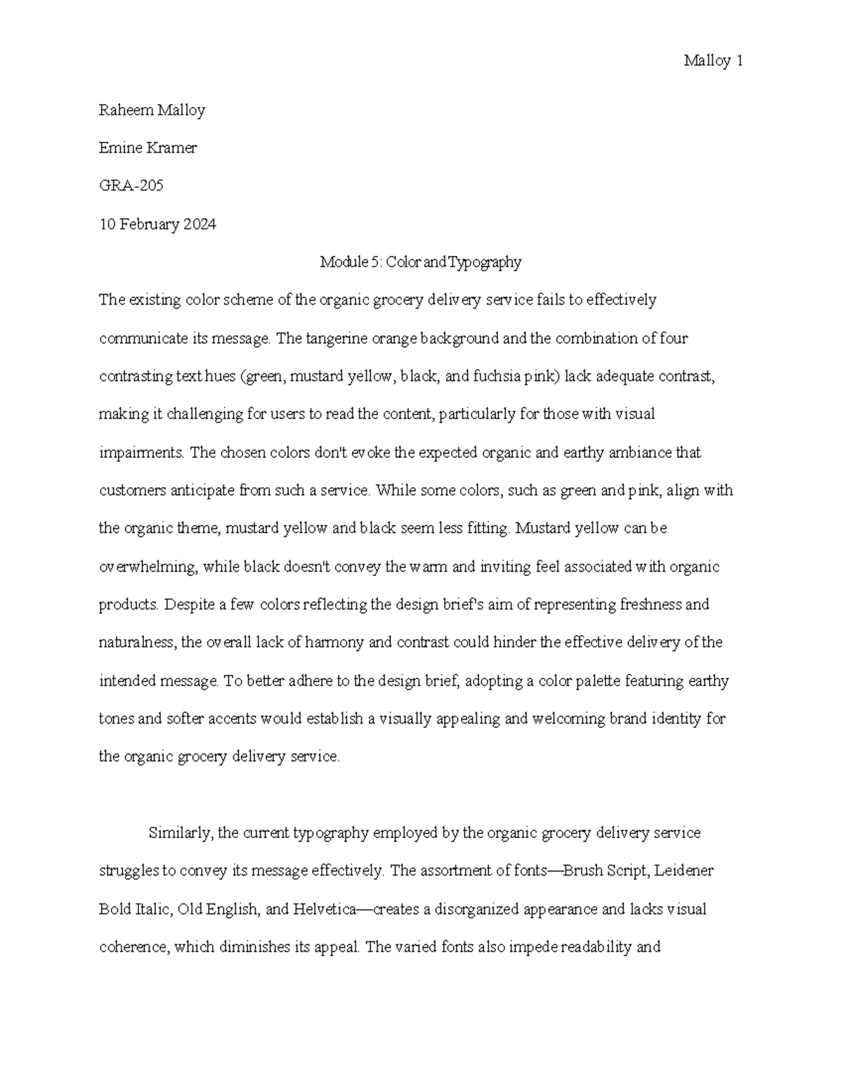 GRA205 MOD 5 - COURSE WORK - Malloy 1 Raheem Malloy Emine Kramer GRA ...