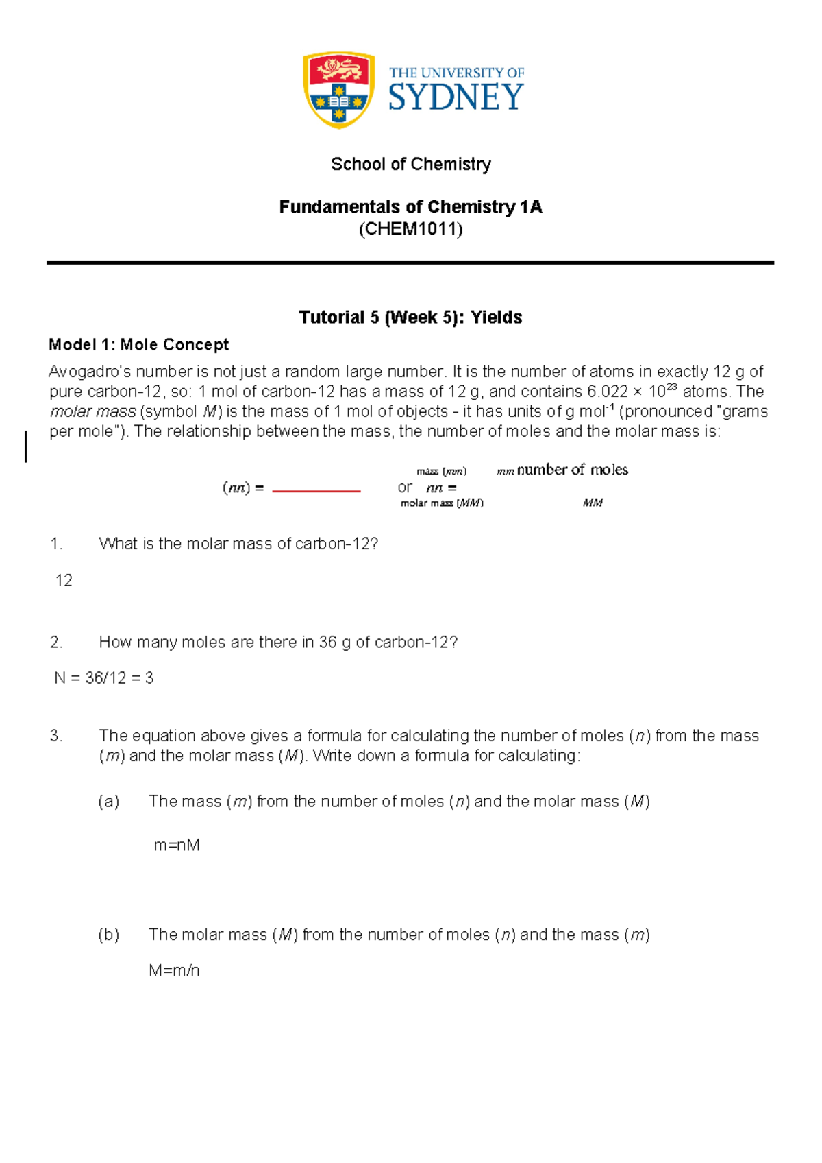 Tutorial 05 - Practice - School of Chemistry Fundamentals of Chemistry ...