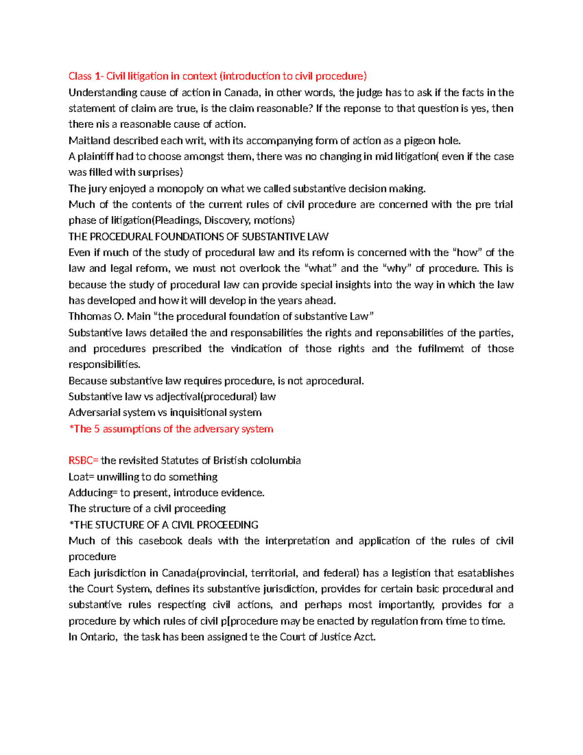 Civil procedure notes - Class 1- Civil litigation in context ...