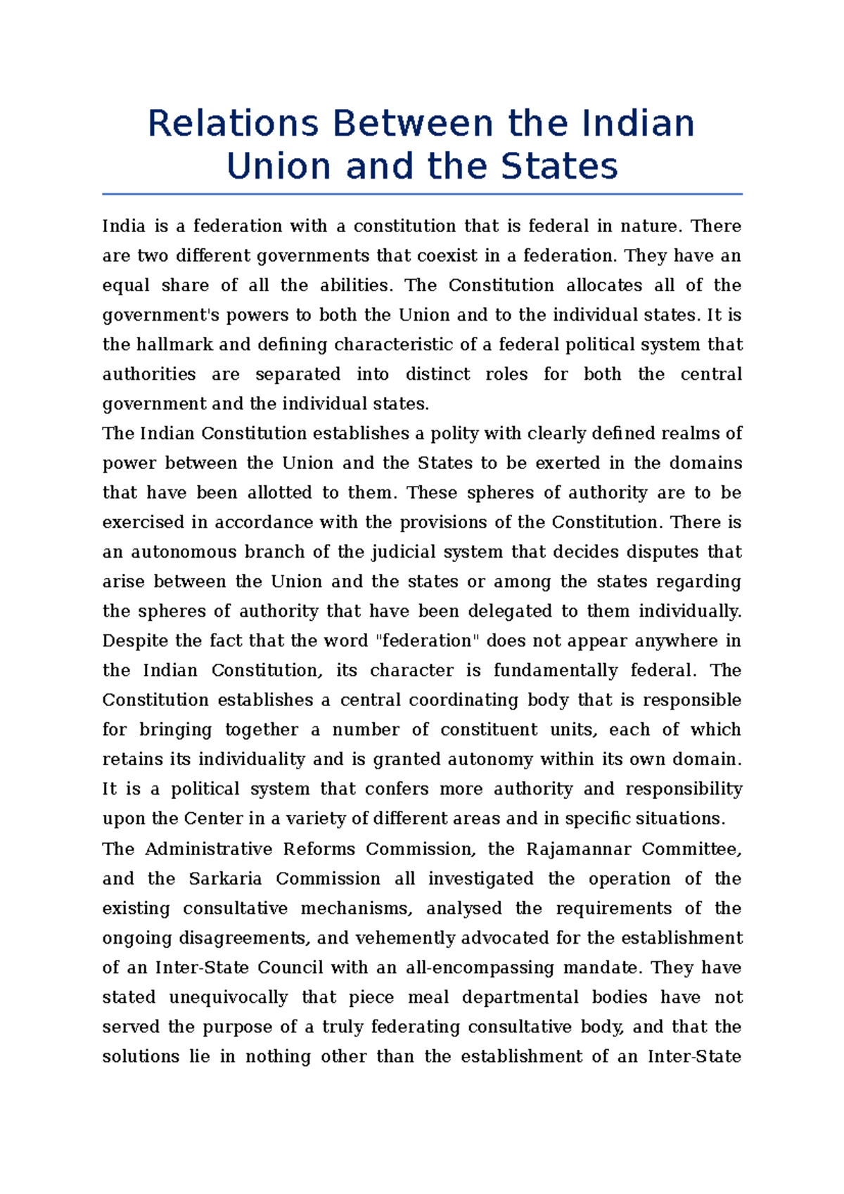 Relations Between the Indian Union and the States - Relations Between ...