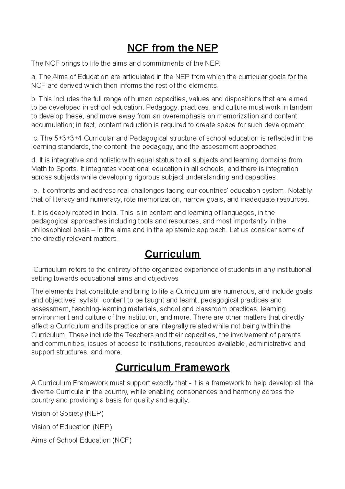 NCF Simplified - NCF from the NEP The NCF brings to life the aims and ...