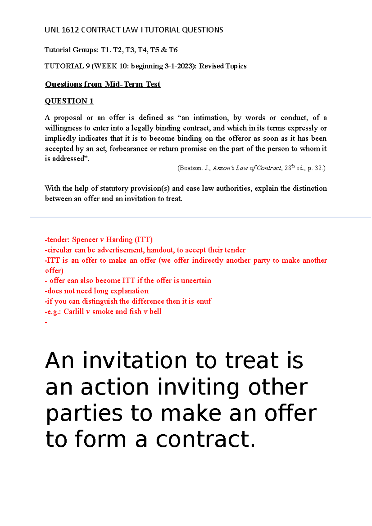 Tutorial 9 (Week 10) Revised Topics - UNL 1612 CONTRACT LAW I TUTORIAL QUESTIONS Tutorial Groups ...