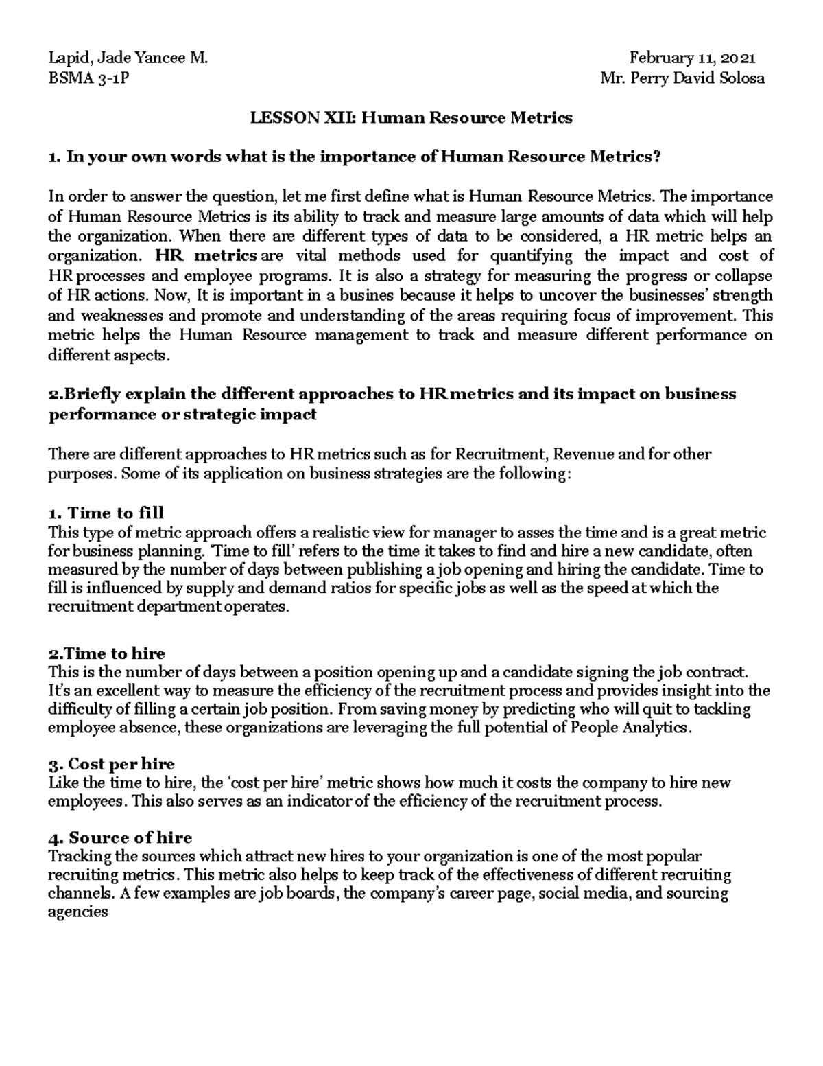 Human Resource Metrics Reviewer Lapid Jade Yancee M February 11