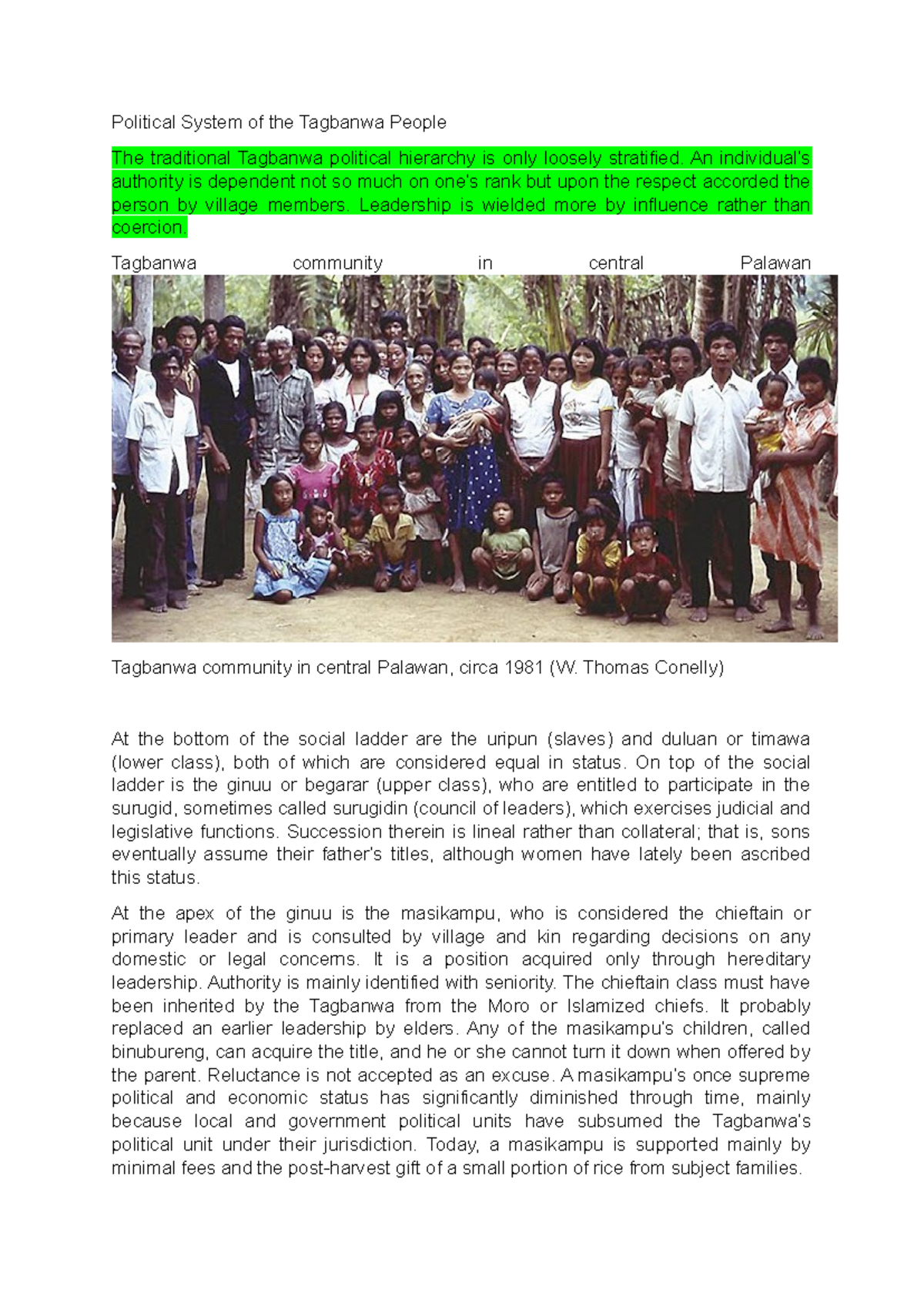 Study Notes Political System of the Tagbanwa People - Political System ...