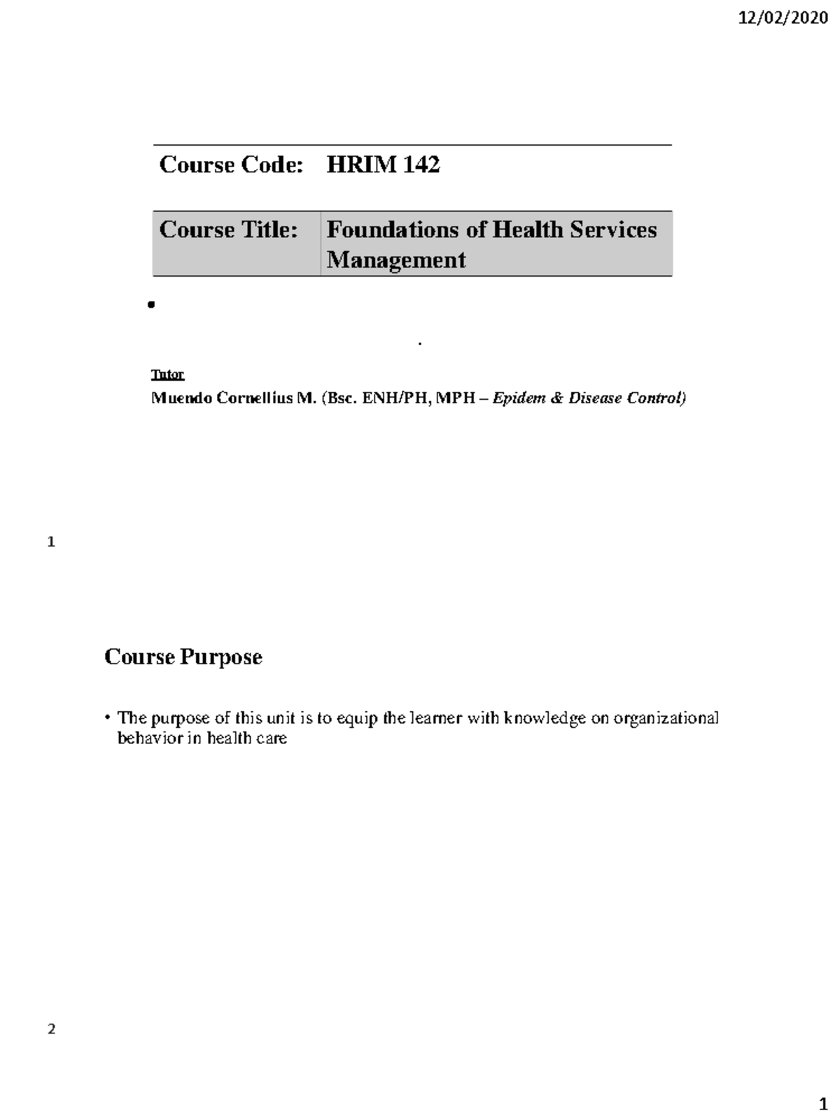 Community health - Lecture notes 1 - . . Course Code: HRIM 142 Course ...