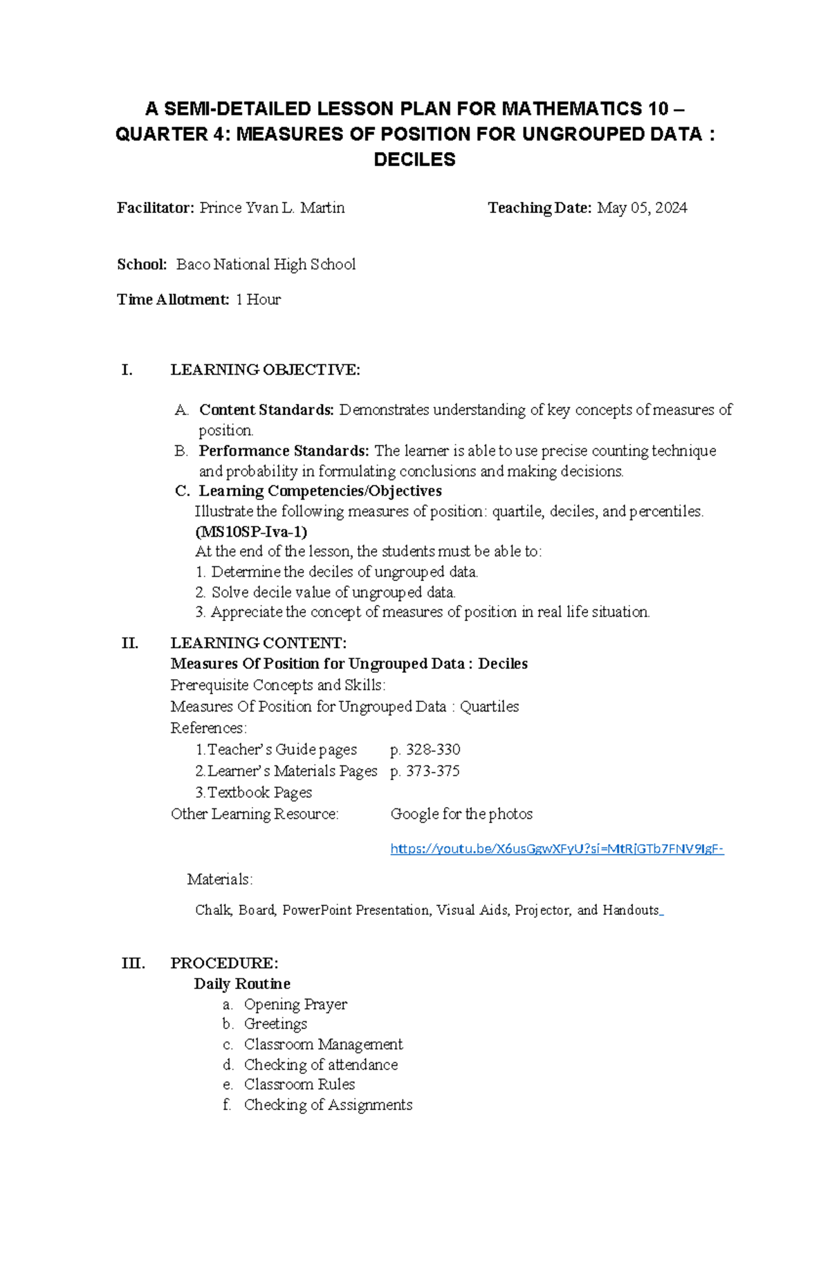 May 05 - Measures of Position (Decile) - A SEMI-DETAILED LESSON PLAN ...