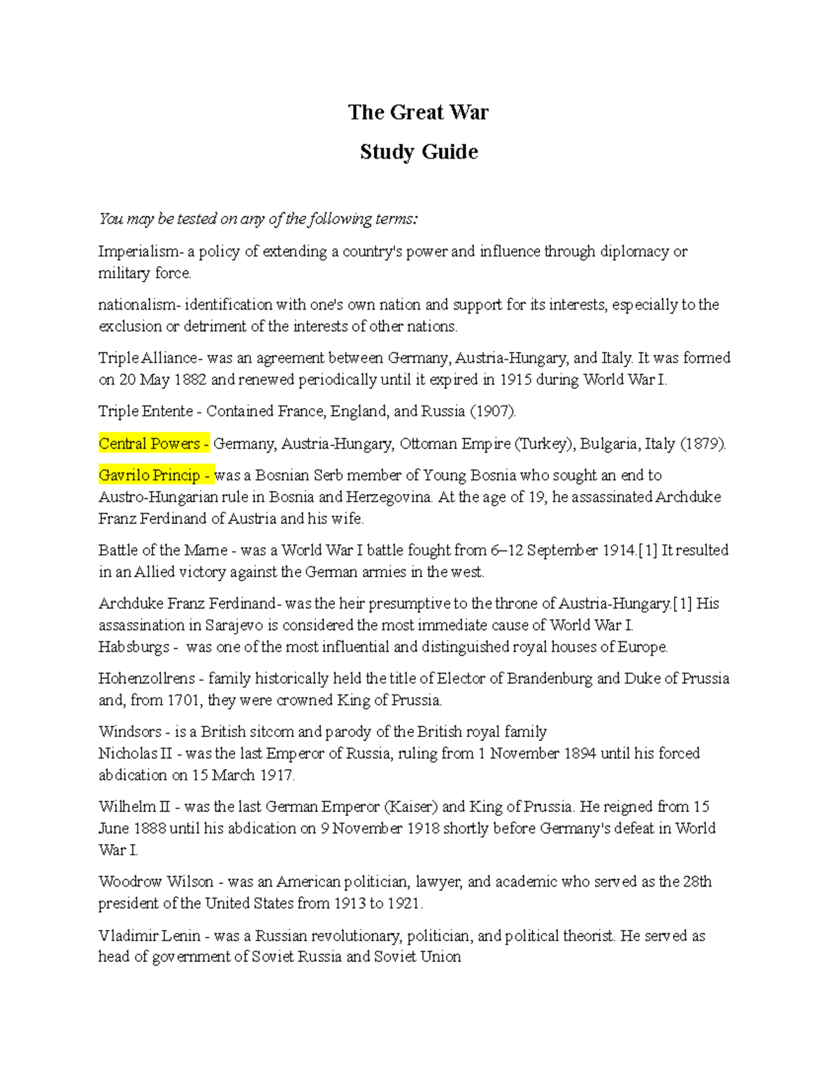 The Great War Study Guide (WH) - The Great War Study Guide You may be ...