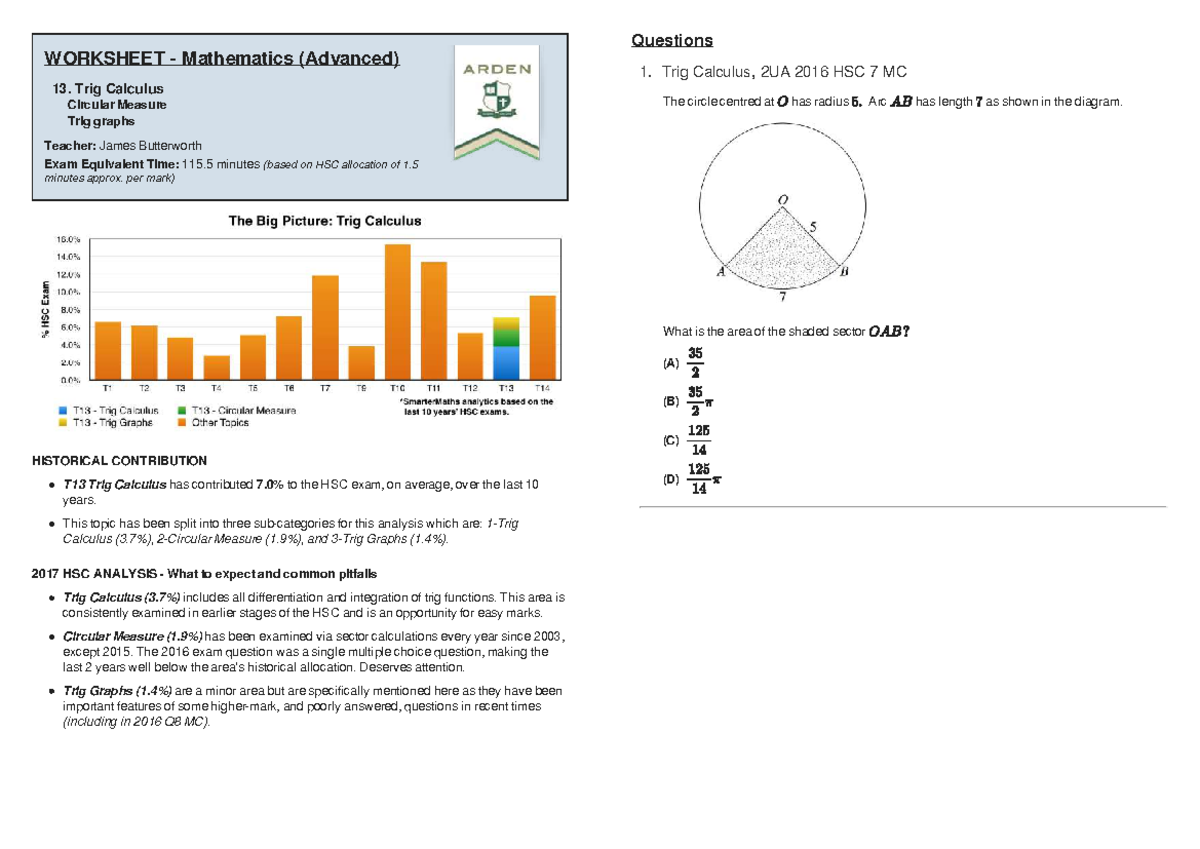 2019 MA Circular Measure and Trig Graphs Worksheet HSC Questions w solutions - WORKSHEET - - Studocu