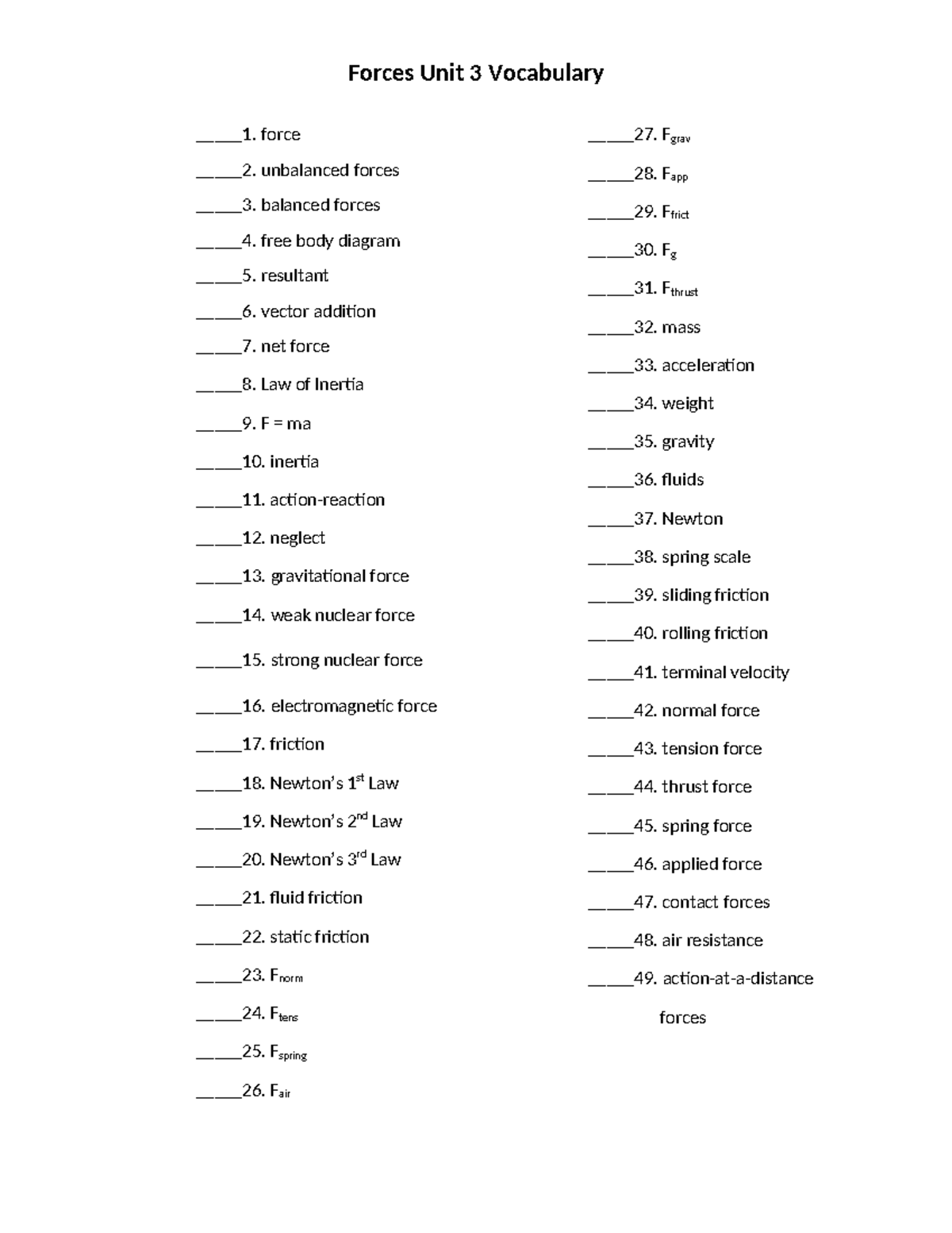 Forces Unit 3 Vocabulary - Forces Unit 3 Vocabulary _____1. force ...