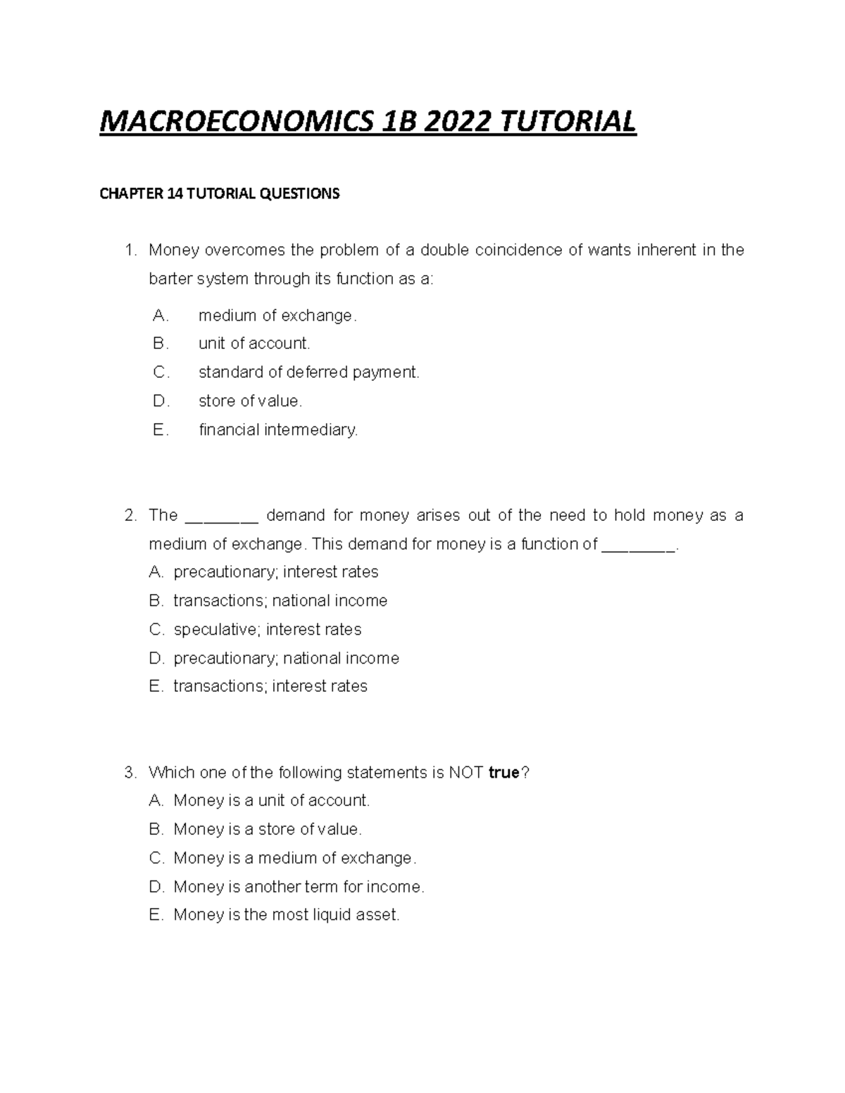 Tutorial Questions FOR Chapter 14 - MACROECONOMICS 1B 2022 TUTORIAL ...