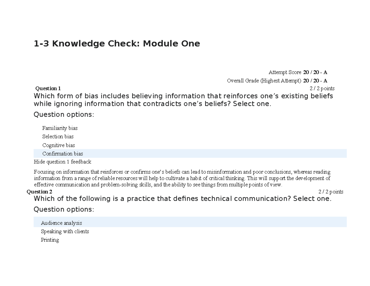 1-3 Knowledge Check IT 226 - 1-3 Knowledge Check: Module One Attempt Score 20 / 20 - A Overall ...