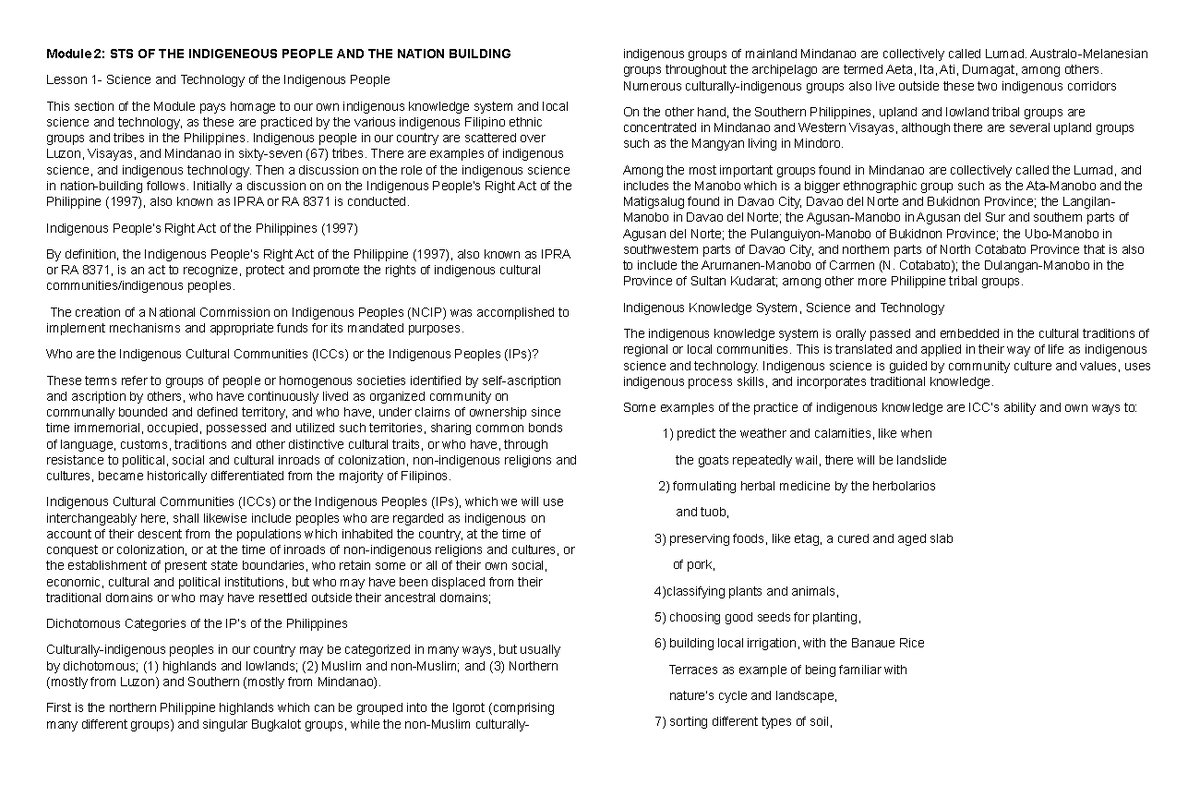 Material - STS - Module 2: STS OF THE INDIGENEOUS PEOPLE AND THE NATION ...
