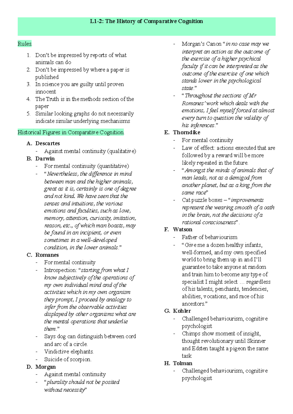 319 test 1 notes - L1-2: The History of Comparative Cognition Rules ...