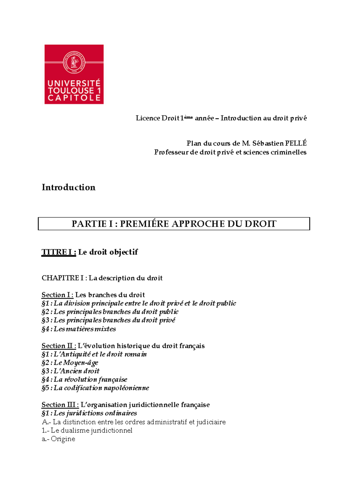 Plan de cours Intro au droit - Licence Droit 1ème année – Introduction au droit privé Plan du ...