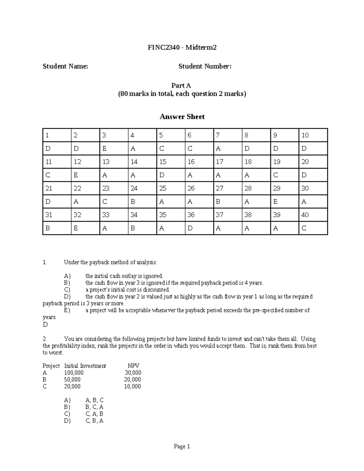 FINC2340 Midterm 2A Solution - FINC2340 - Midterm Student Name: Student ...