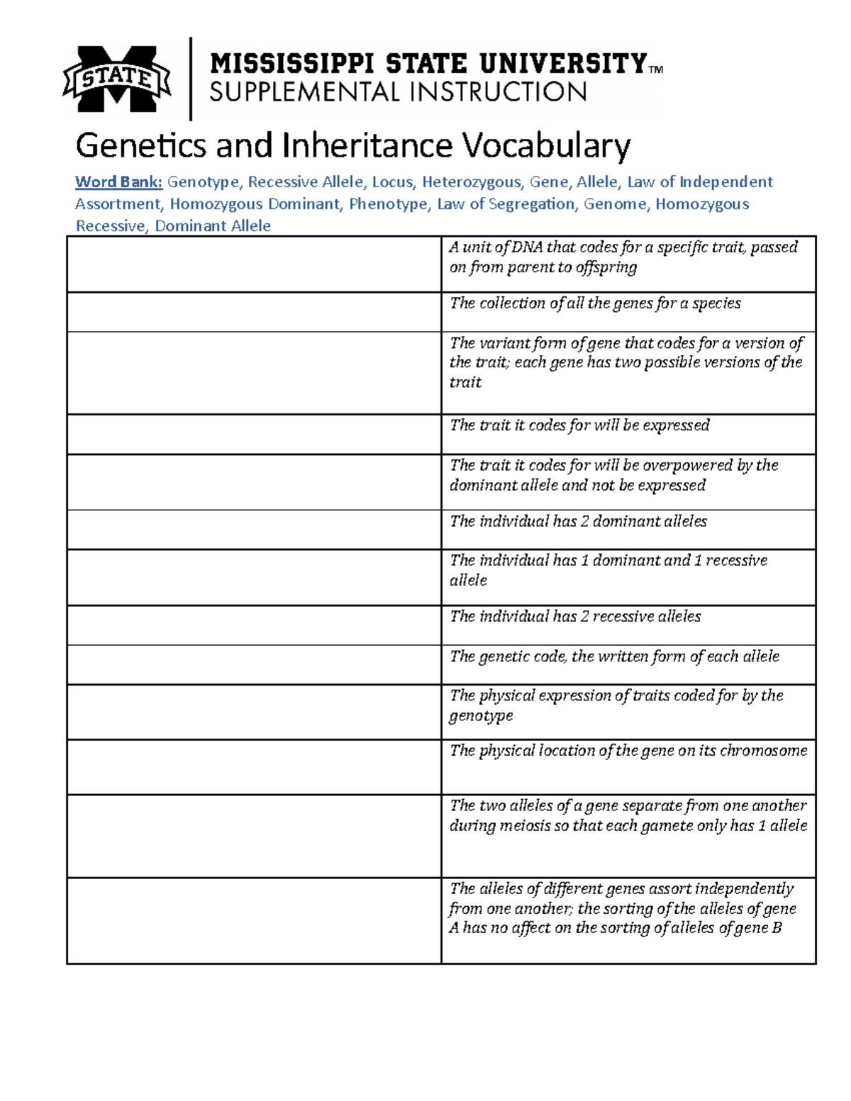 Bio1SIGenetics Vocab Blank - Genetics and Inheritance Vocabulary Word ...
