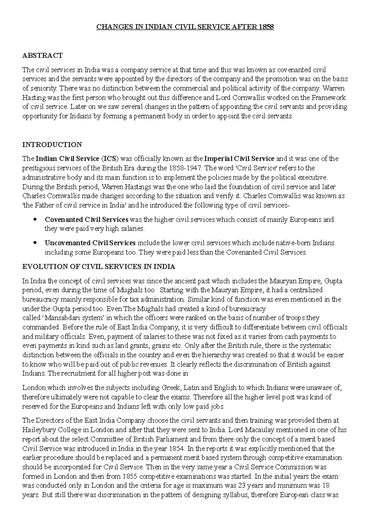 Changes IN Indian Civil Service After 1858 - CHANGES IN INDIAN CIVIL ...