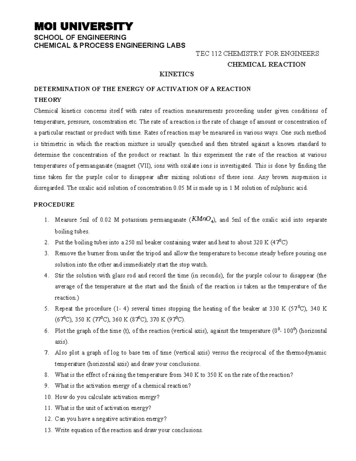 1. Chemical Reaction Kinetics - MOI UNIVERSITY SCHOOL OF ENGINEERING ...