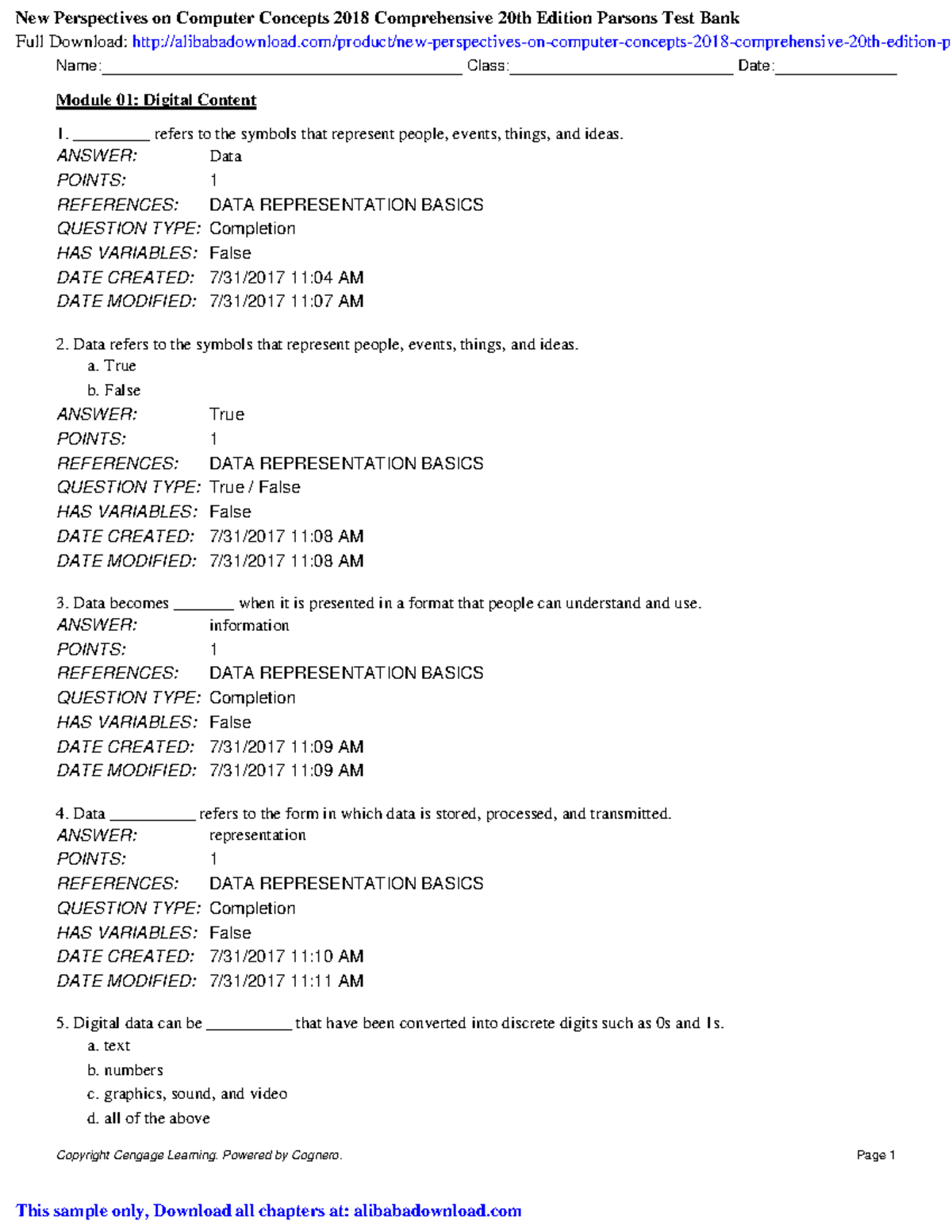 Test 2020, questions and answers - Name: Class: Date: Module 01 ...