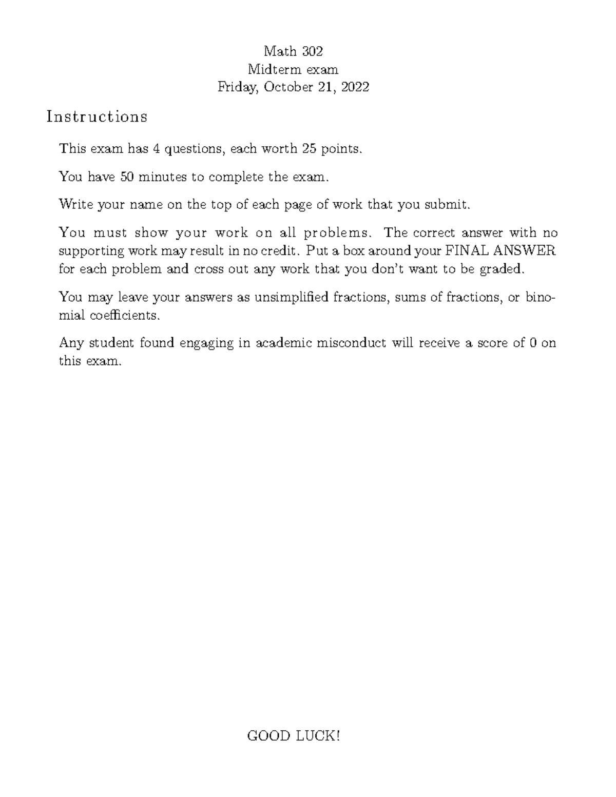 Solution to Midterm Section 102 2022W1 - Math 302 Midterm exam Friday, October 21, 2022 ...