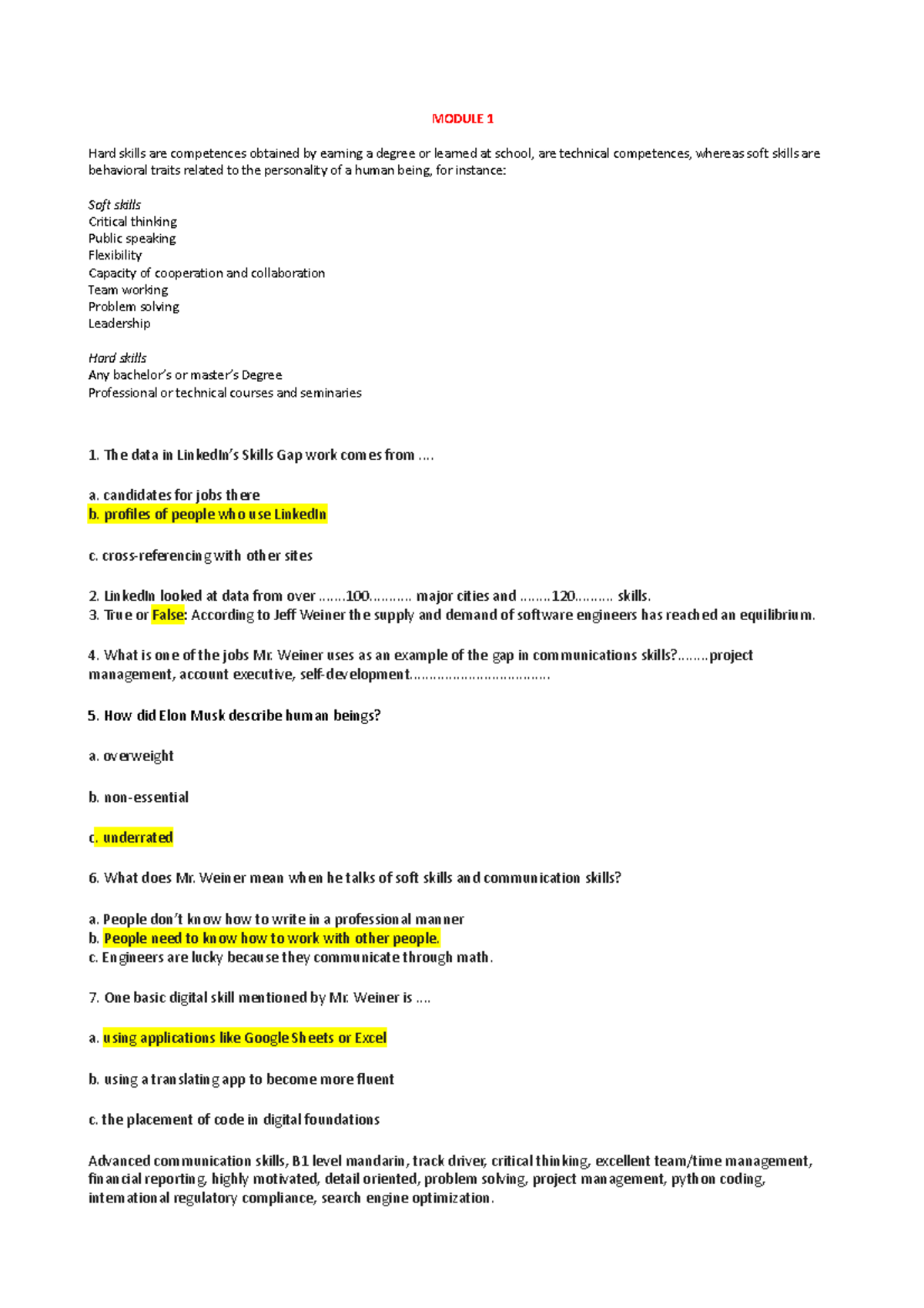 Professional English Seminar - MODULE 1 Hard skills are competences ...