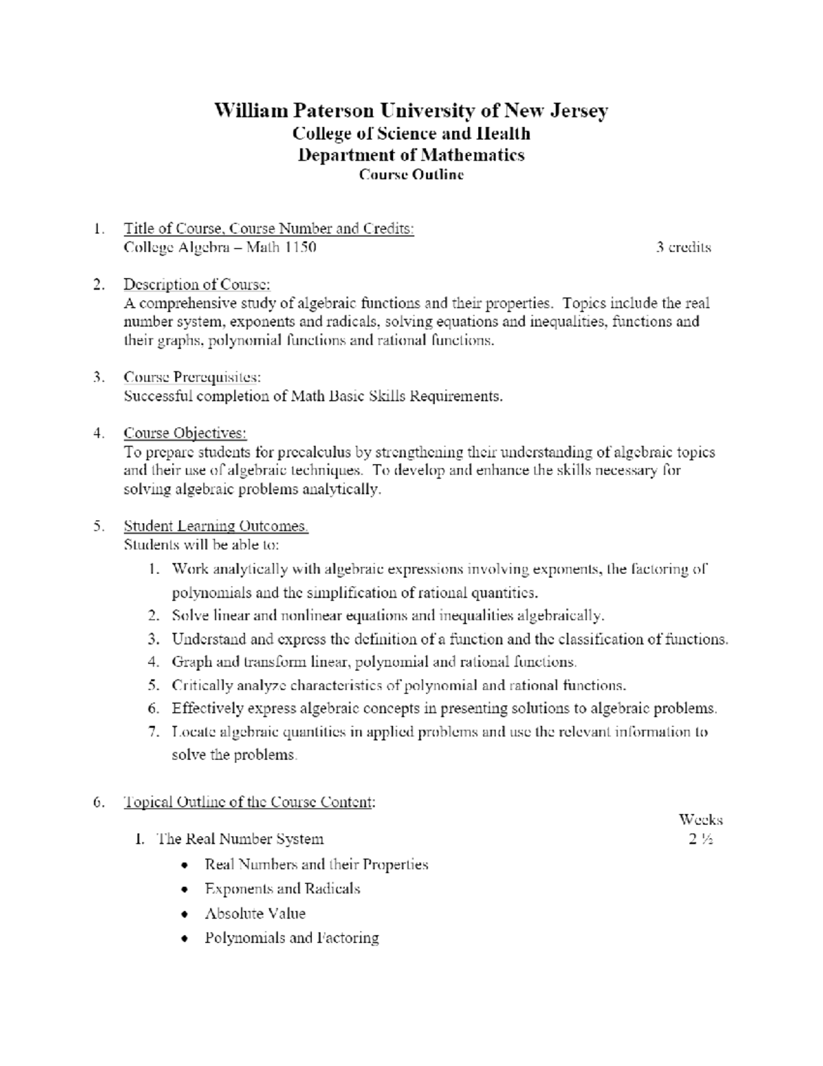 College Algebra – Math 115 - William Paterson University - MATH-121 ...