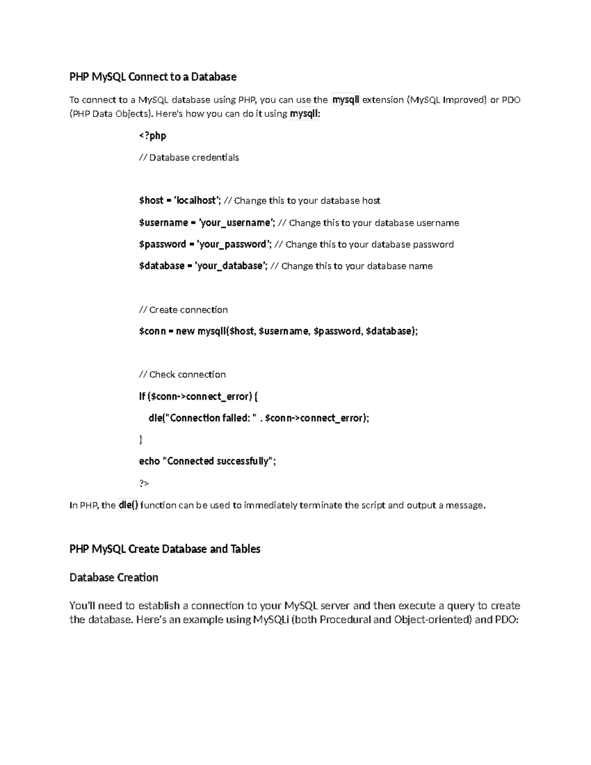 Php My Sql Database Php Mysql Connect To A Database To Connect To A 8613