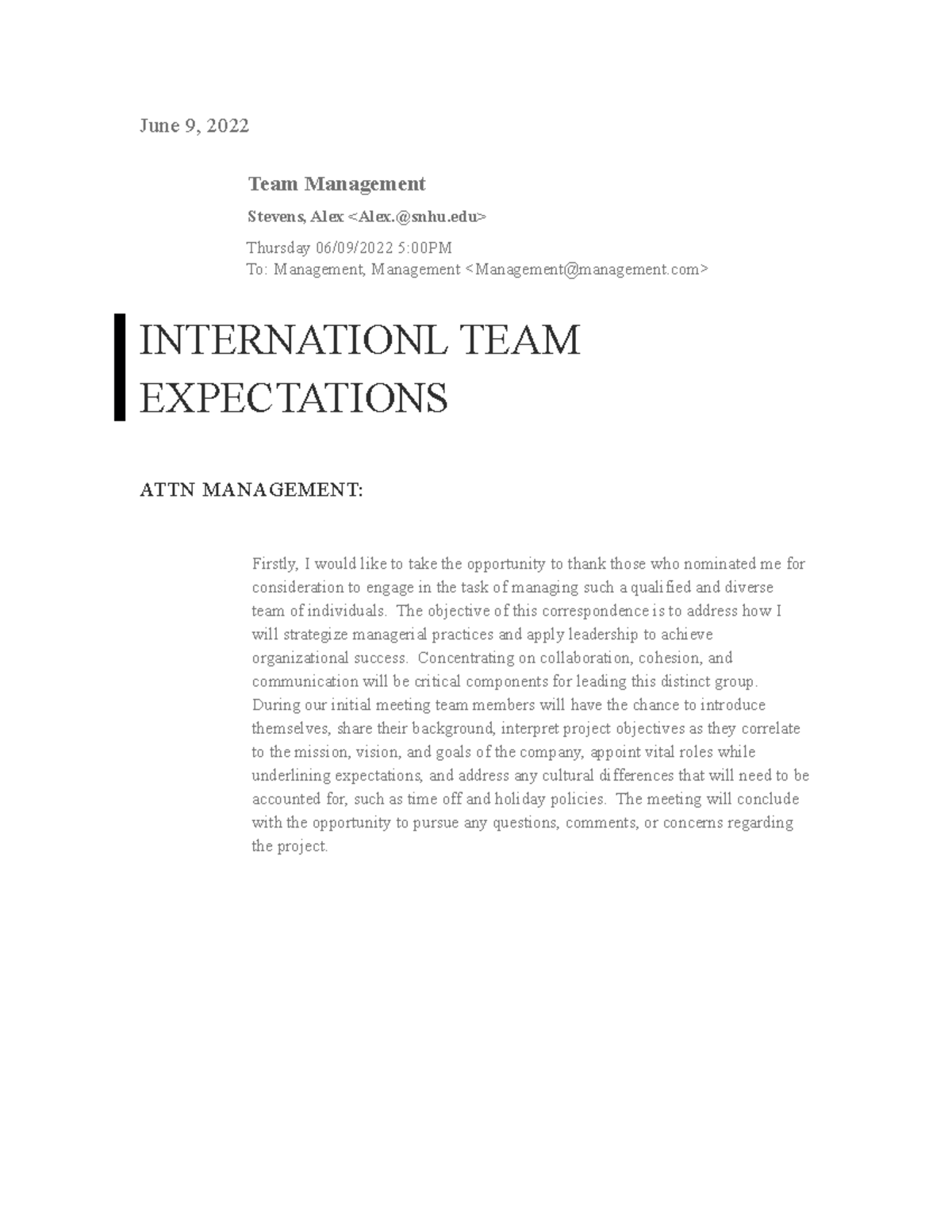 INT 220 team expectations - June 9, 2022 Team Management Stevens, Alex ...