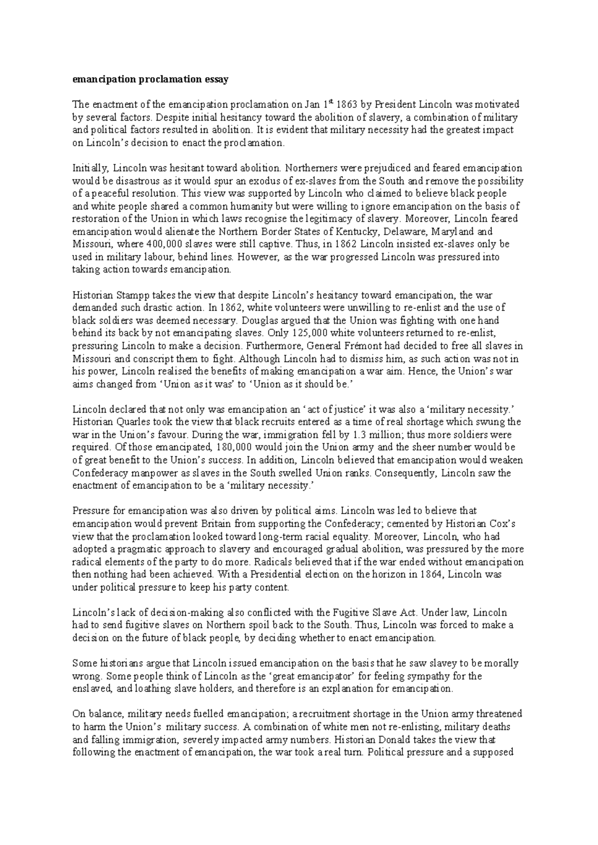 Emancipation proclamation essay - Despite initial hesitancy toward the ...