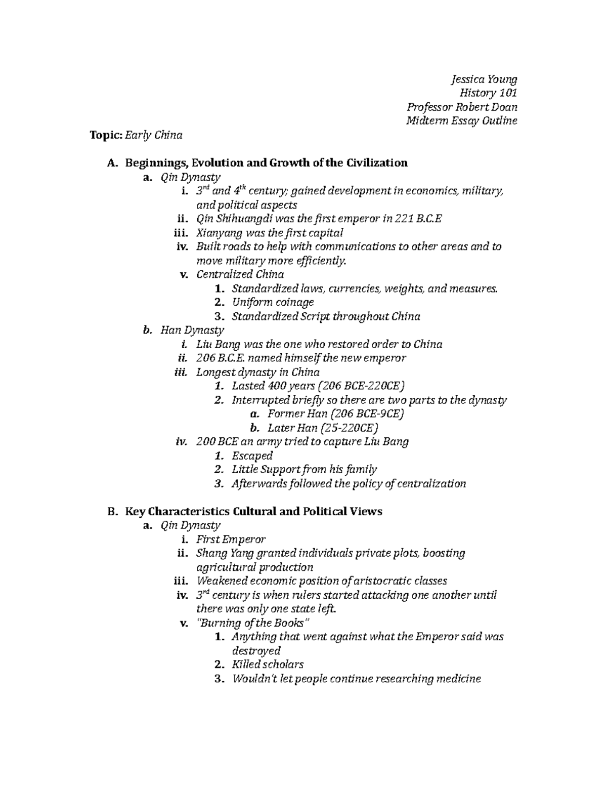 Outline for Midterm - part of my mid term - Jessica Young History 101 ...