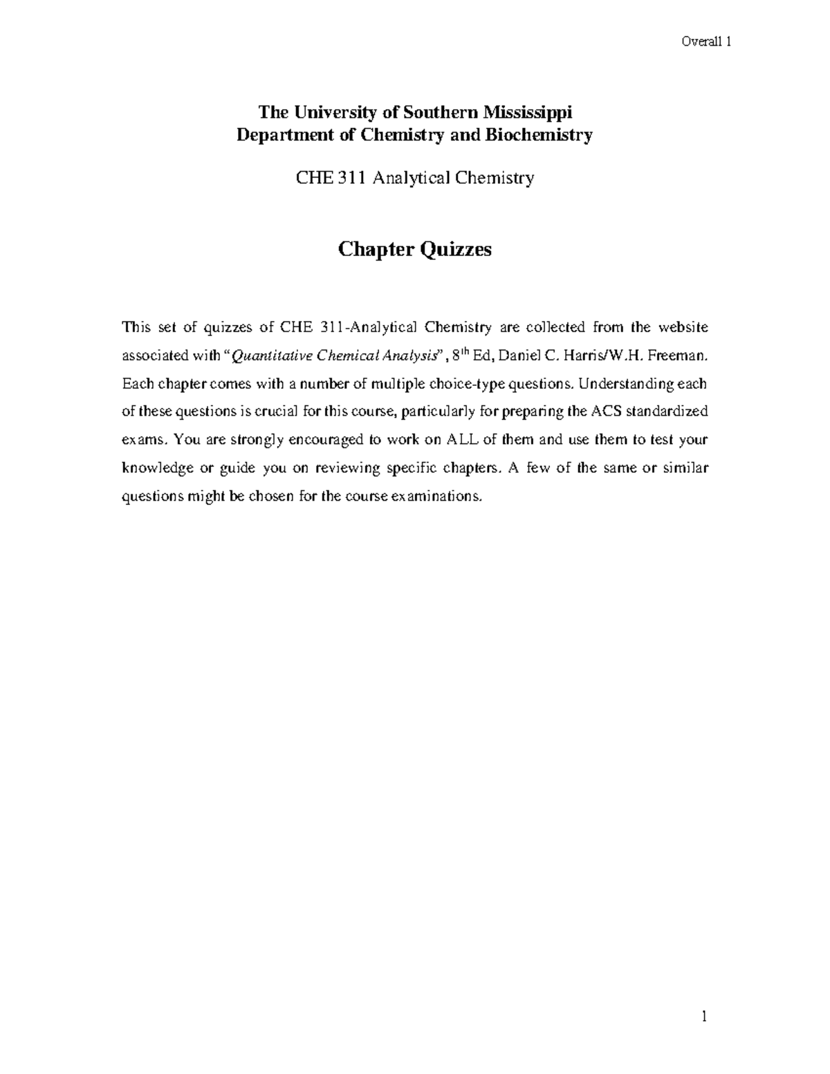 CHE311 Analytical Chemistry Quizzes Collection - 1 The University of ...