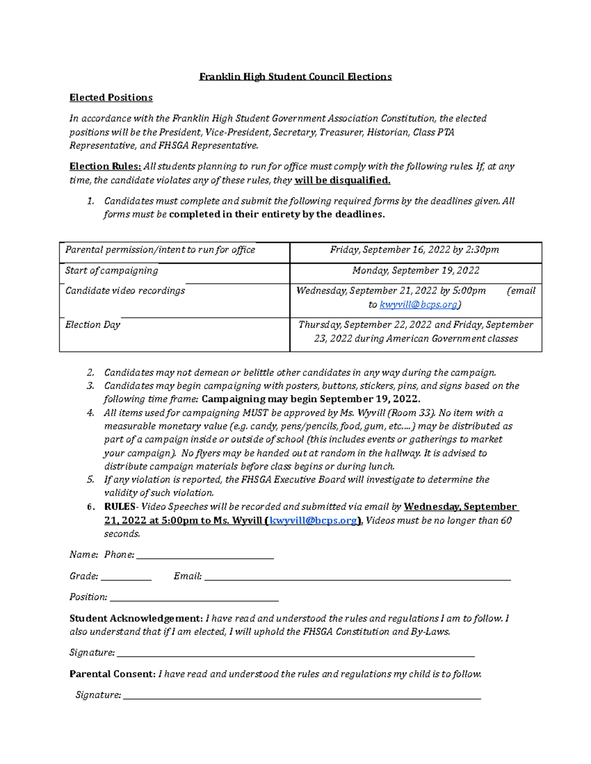 Class Election Packet 2022 1 - Franklin High Student Council Elections ...