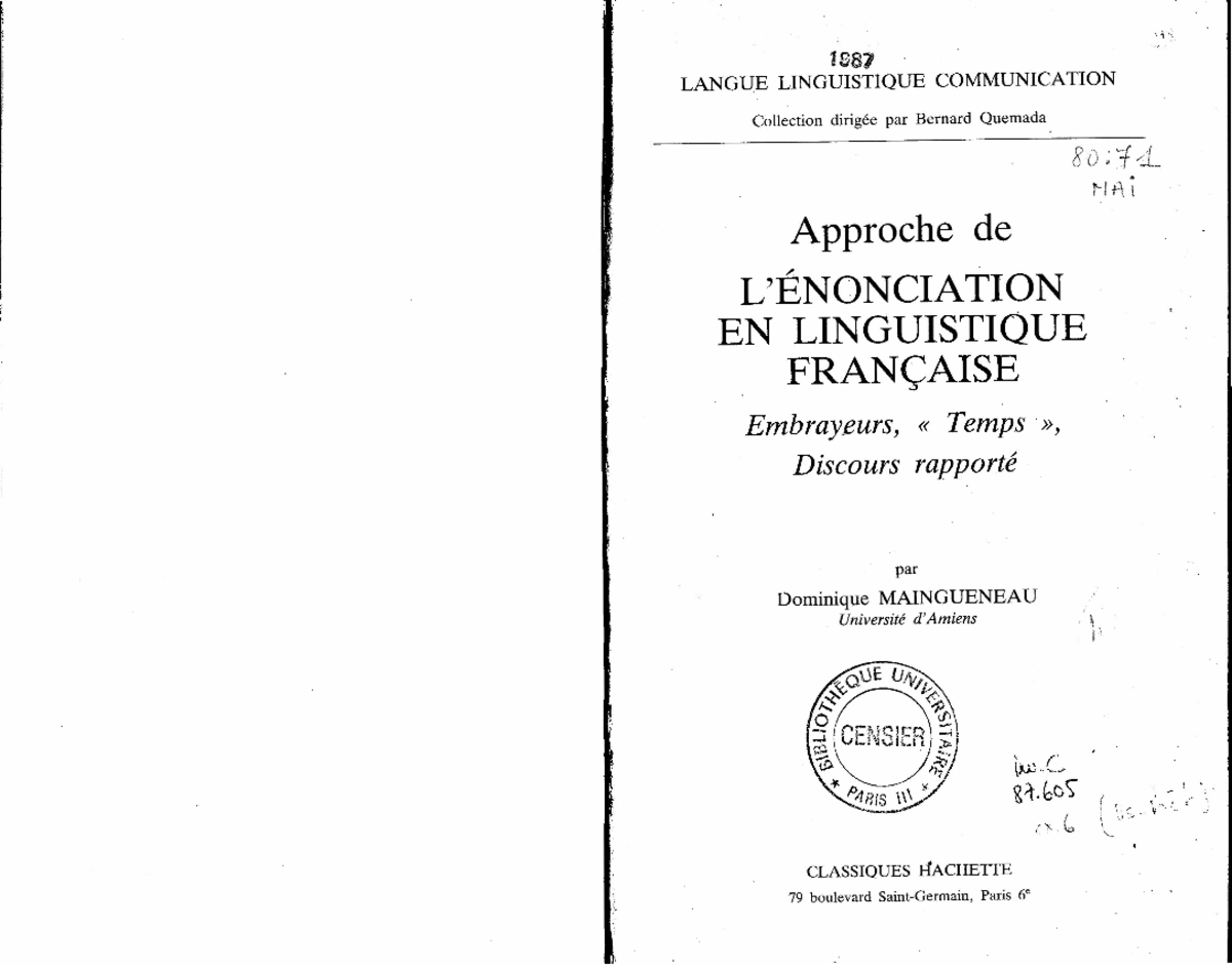 -Approche-de-l-Enonciation-Maingueneau - lSS1zyxwvutsrqponmlkjihgfedcbaZYXWVUTSRQPONMLK LANGUE ...