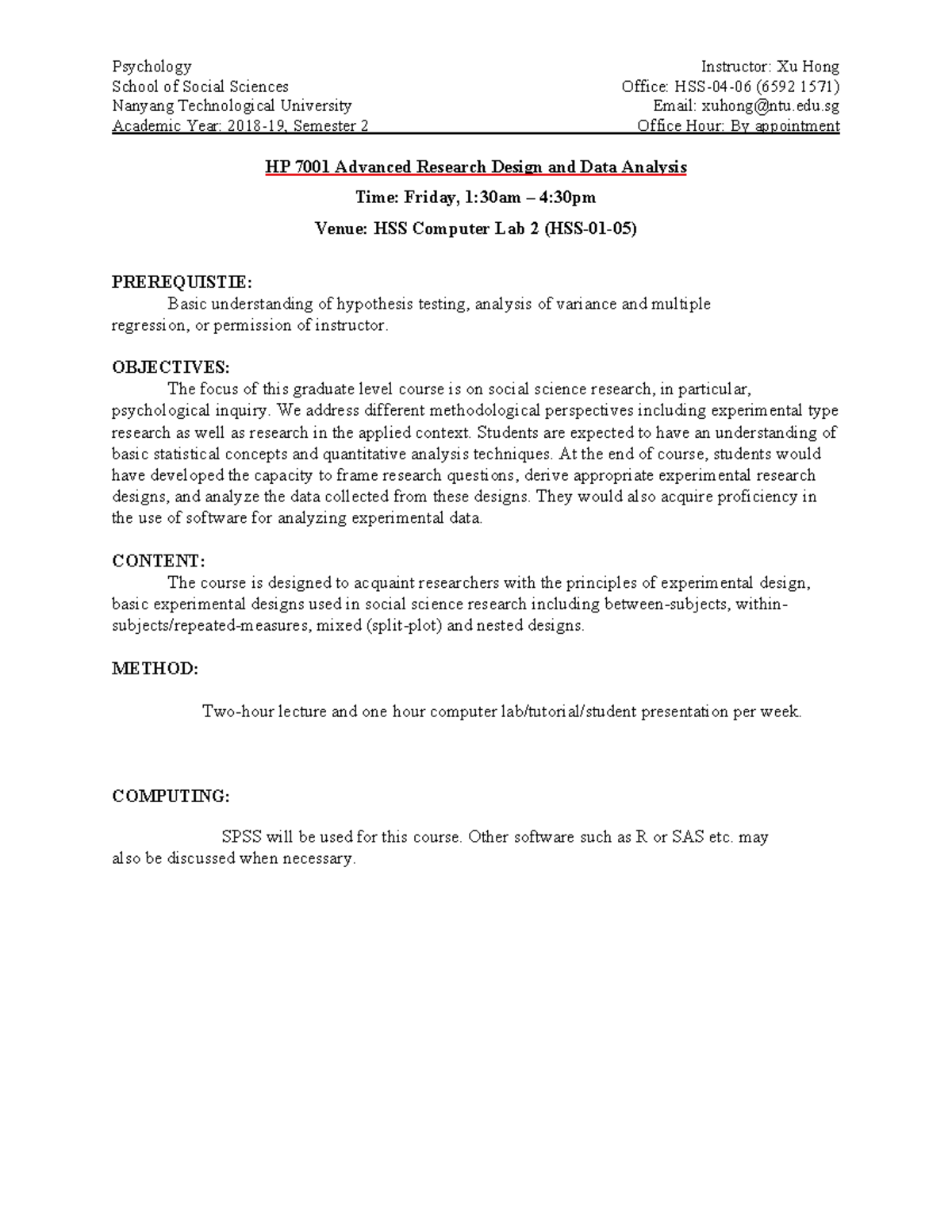 HP 7001 Advanced Research Design and Data Analysis 18-19Sem2 - School ...