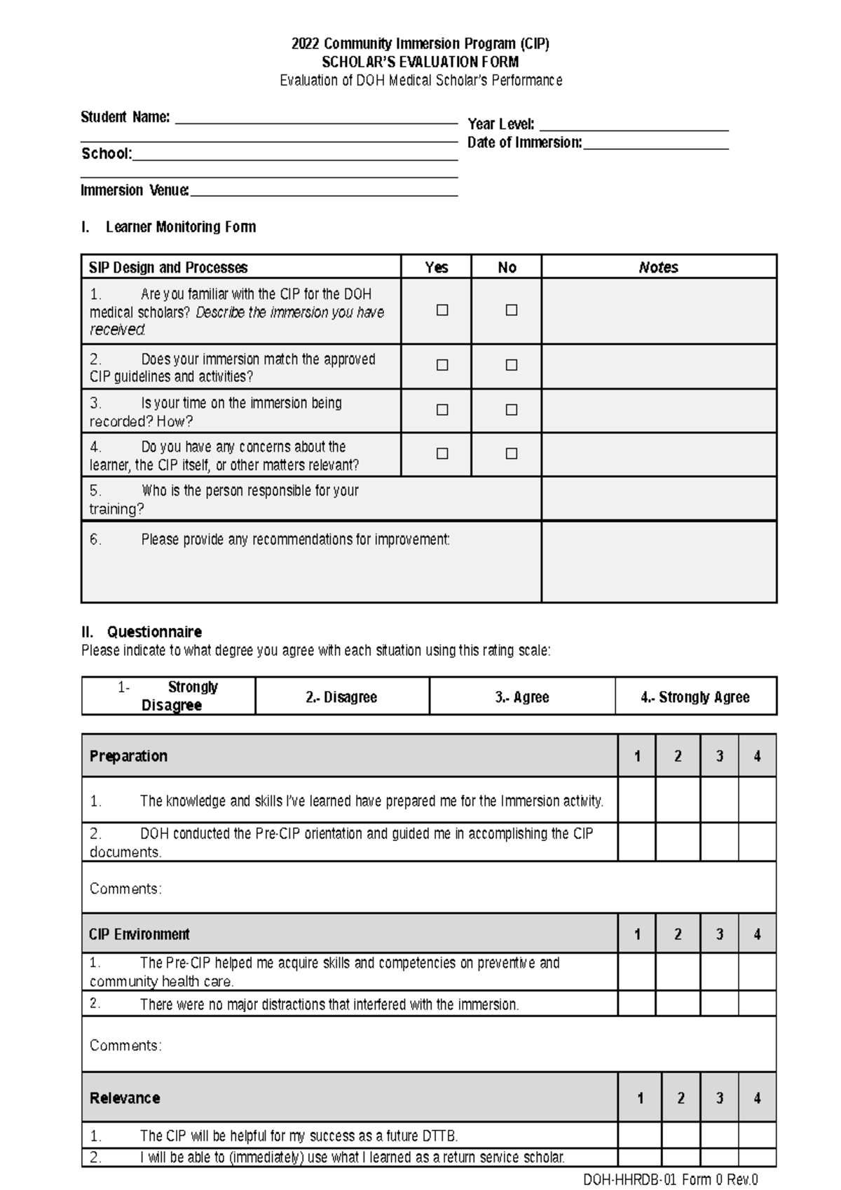 Evaluation tool CIP Scholars Evaluation - DOH-HHRDB-01 Form 0 Rev. 2022 ...