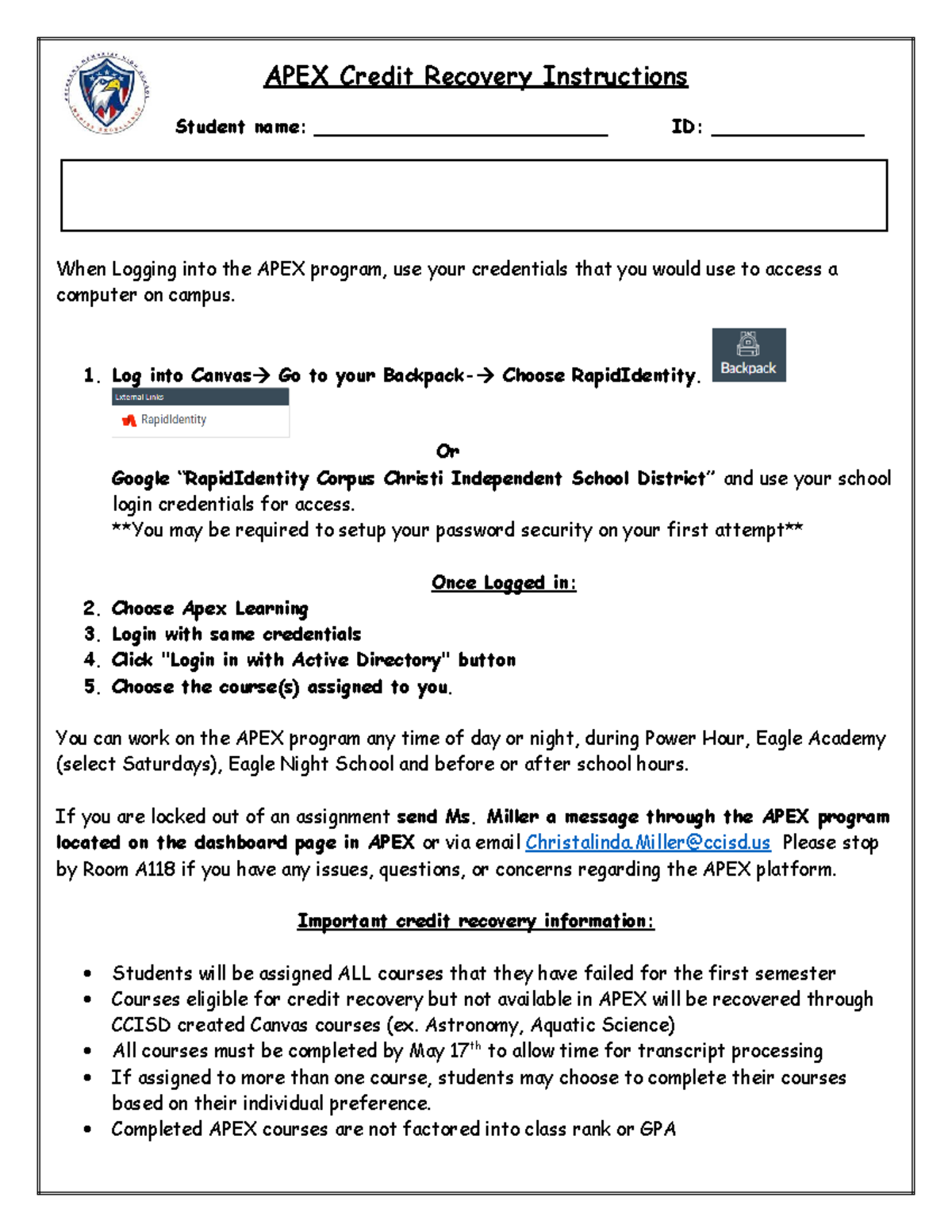 APEX Credit Recovery Instructions 2024-3 - APEX Credit Recovery Instructions Student name: - Studocu