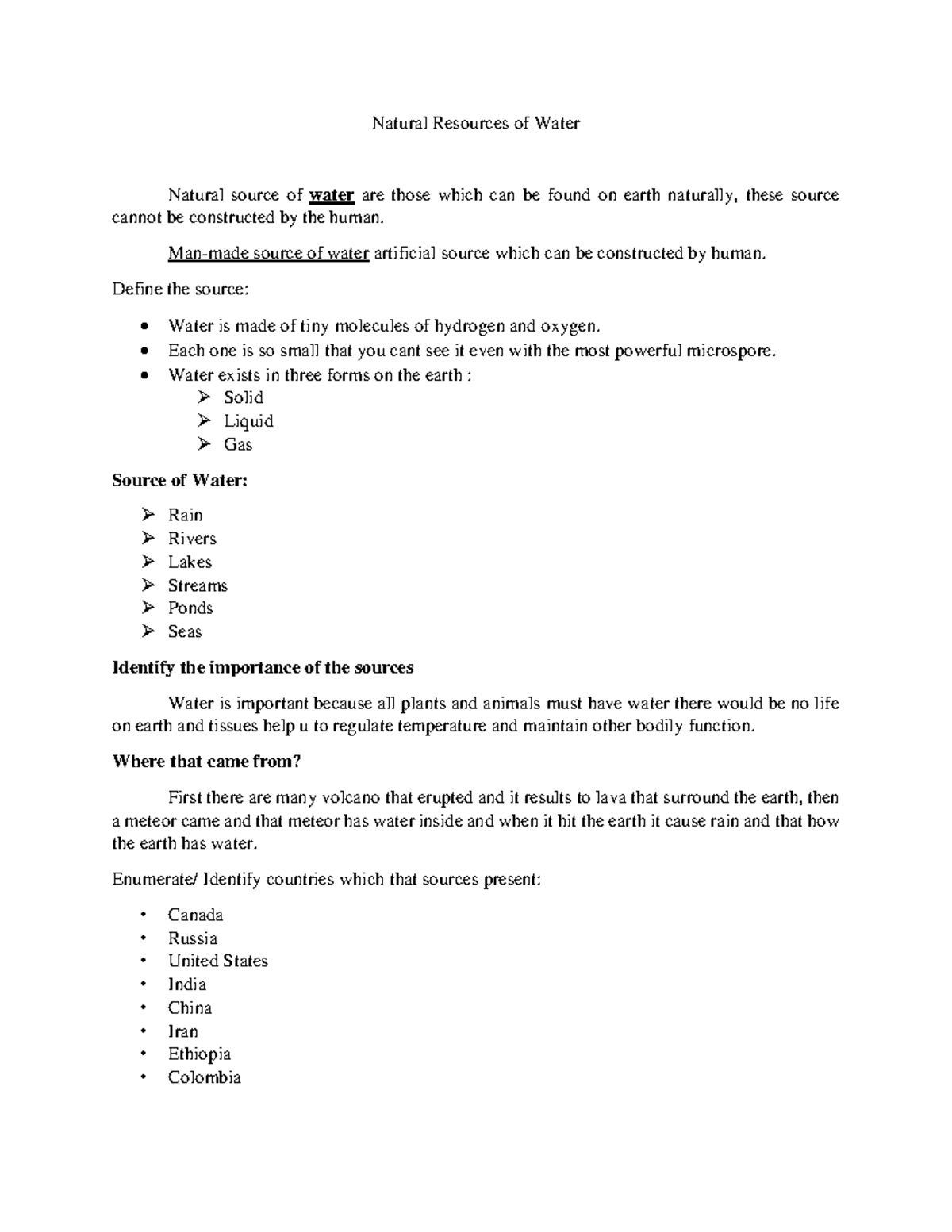 Natural Resources of Water - Natural Resources of Water Natural source ...