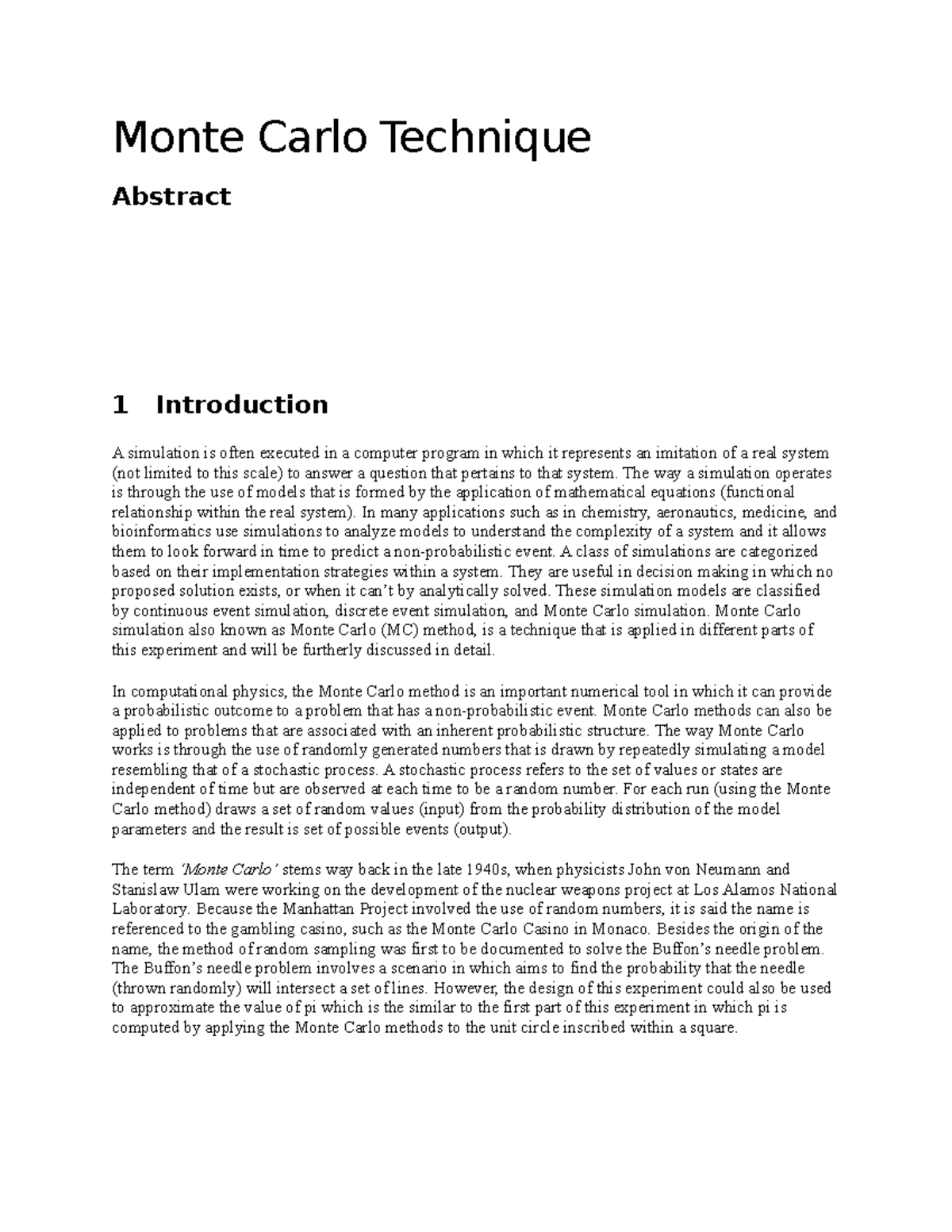Monte Carlo Methods This Is A Half Finished Lab Report Monte Carlo Technique Abstract 1