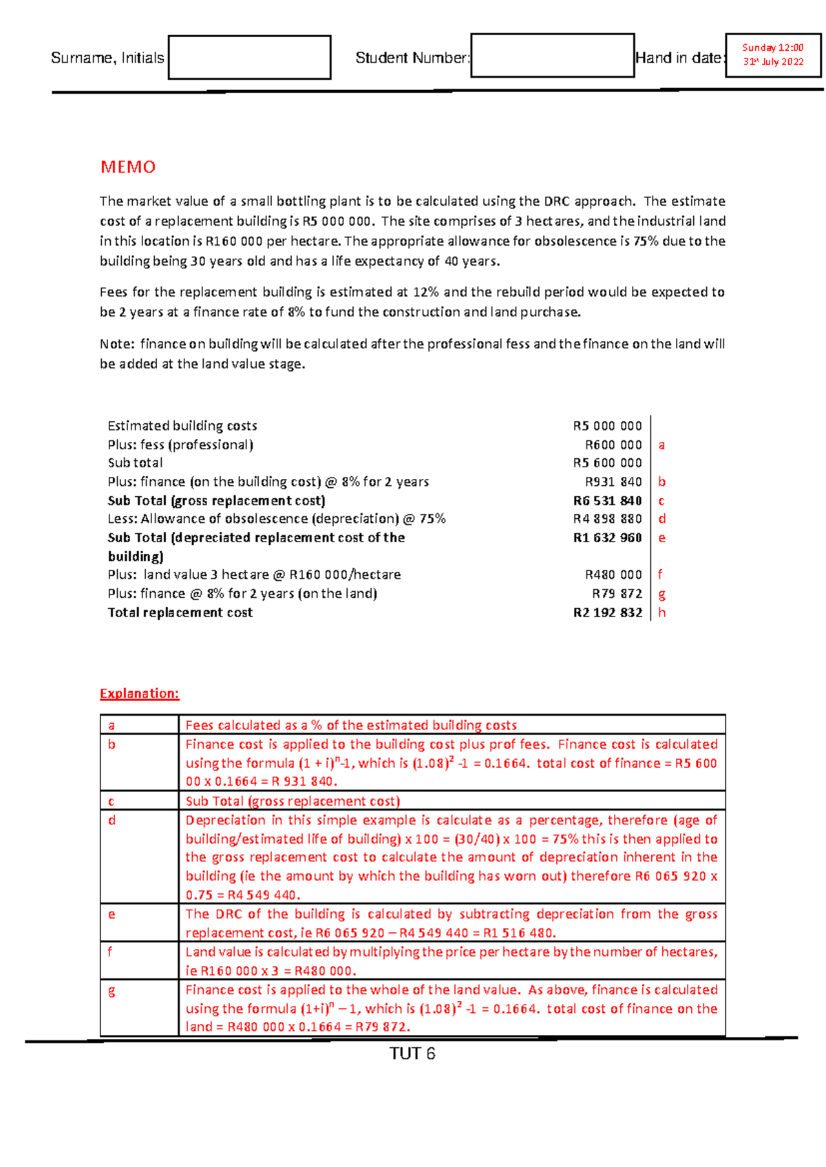 PEV MEMO Class Calculation - Surname, Initials Student Number: Hand in ...