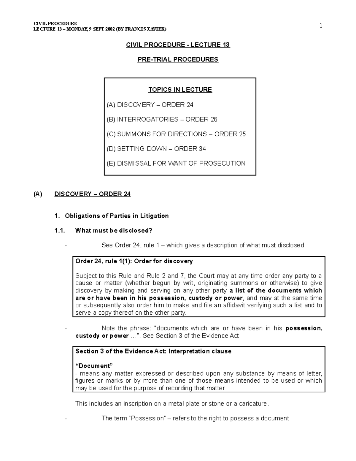 Lecture 13 - Pre-trial Procedures - LECTURE 13 – MONDAY, 9 SEPT 2002 ...