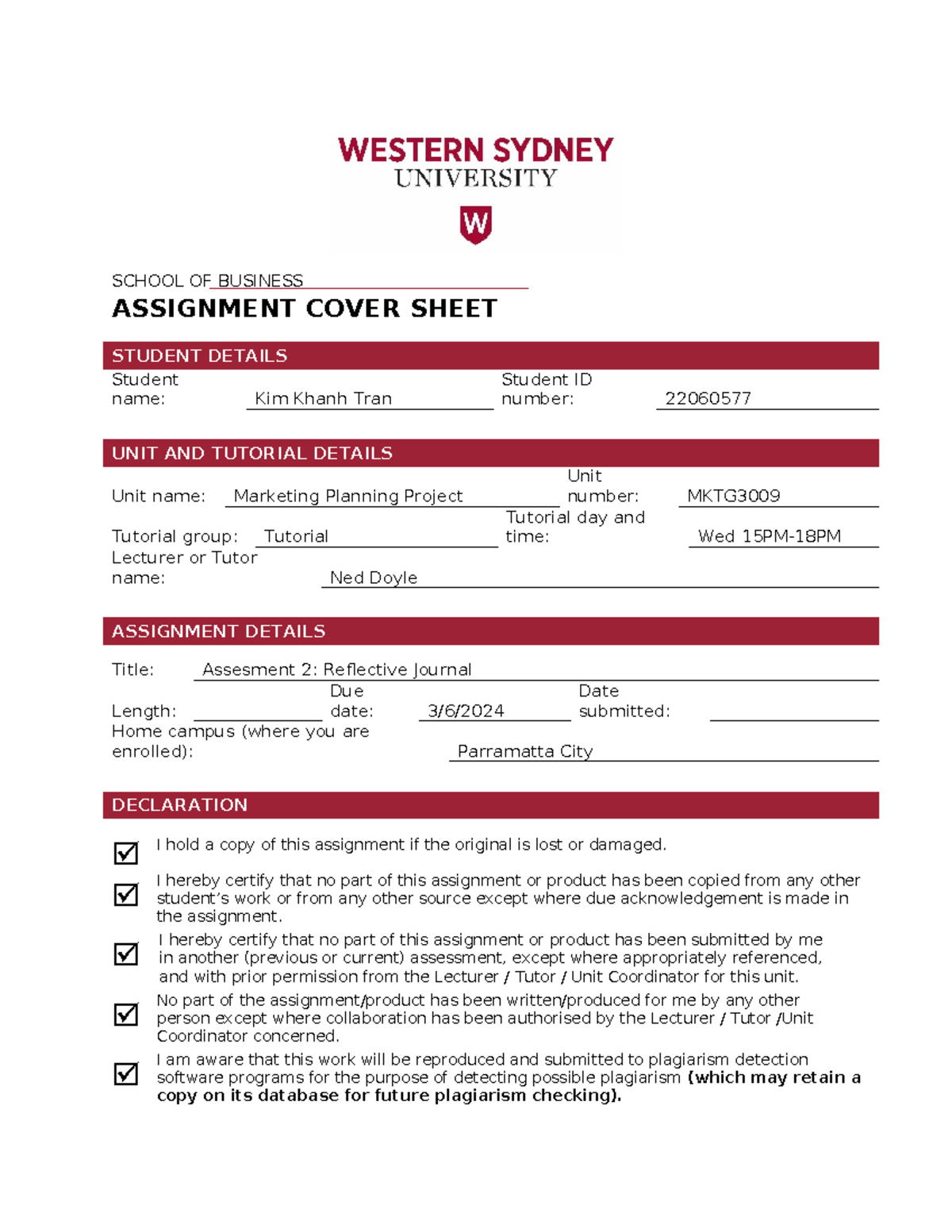 MKTG3009 MPP ASM2 Kim Khanh Tran 22060577 - SCHOOL OF BUSINESS ...