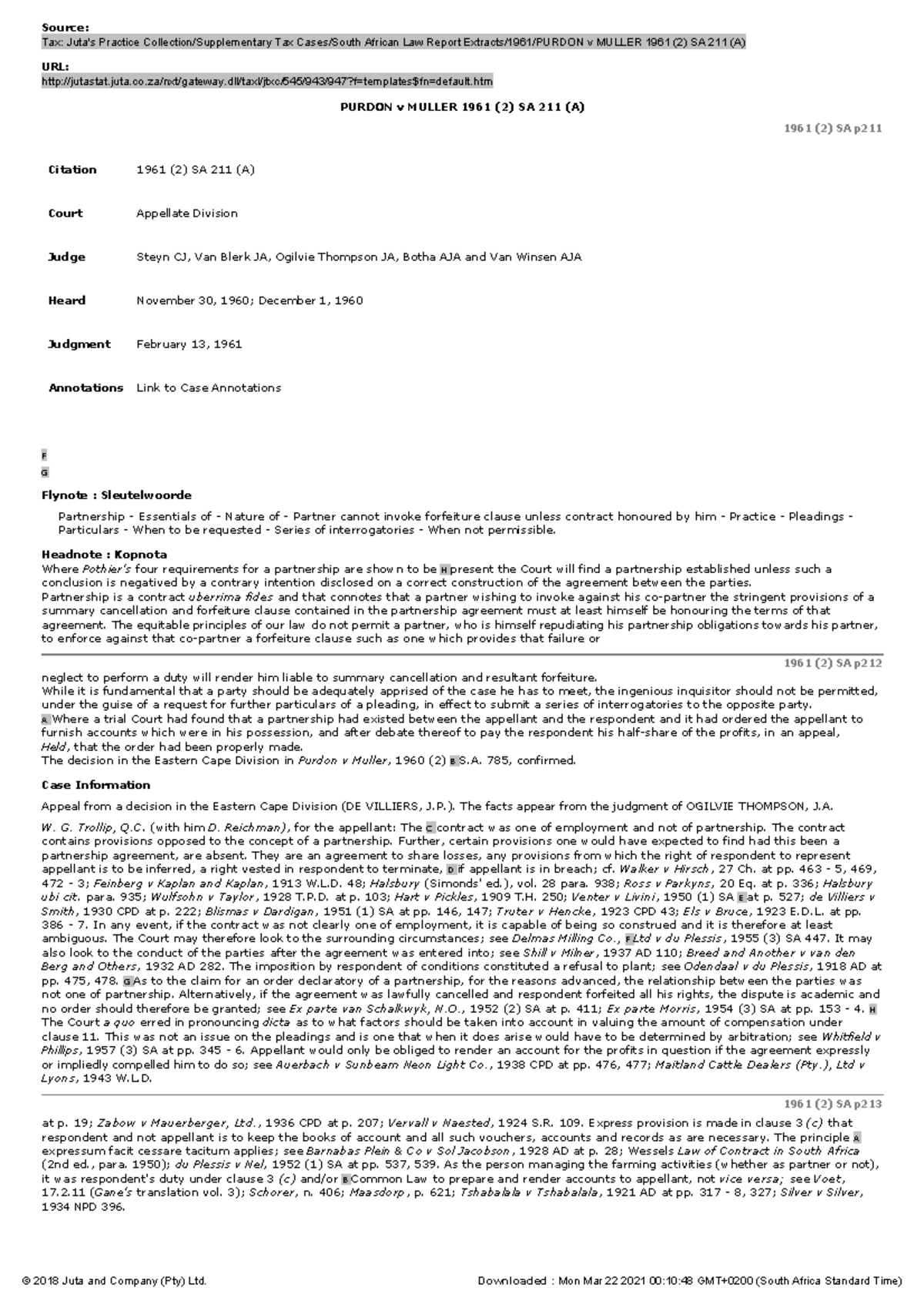 Purdon v Muller 1961 (2) SA 211 (A) - - Studocu