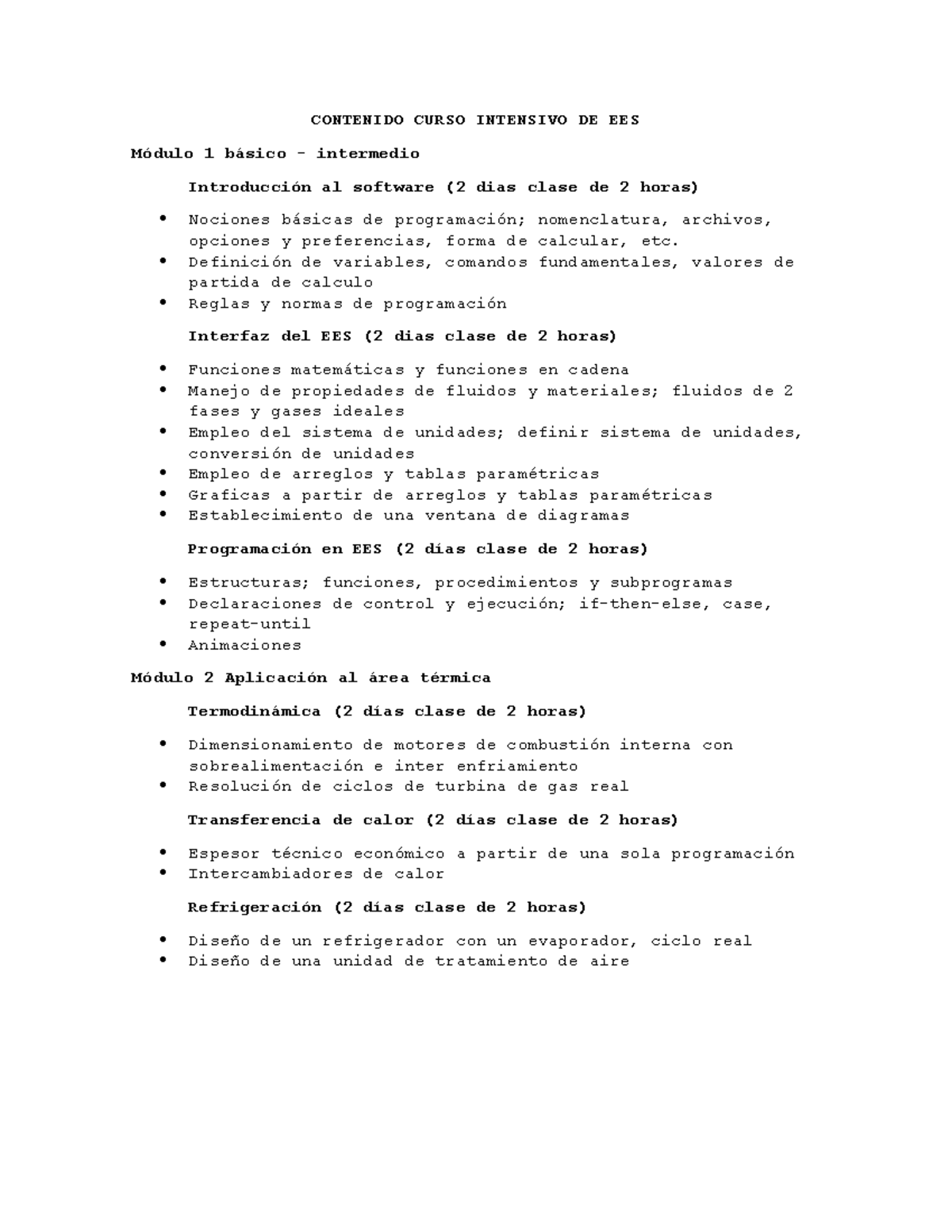 Brochure EES chamoso - sgfas - CONTENIDO CURSO INTENSIVO DE EES Módulo 1 básico - intermedio ...