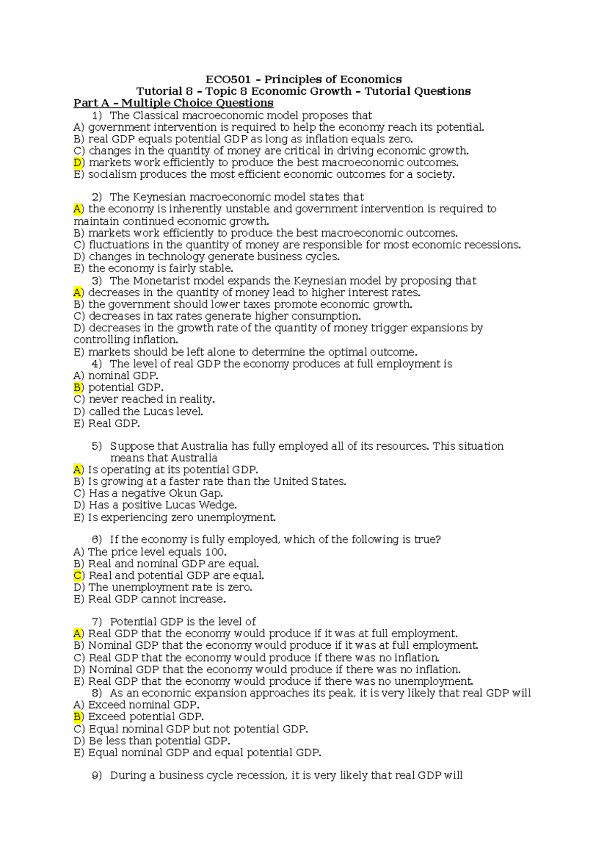 Tutorial 8 Questions - ECO501 – Principles of Economics Tutorial 8 ...